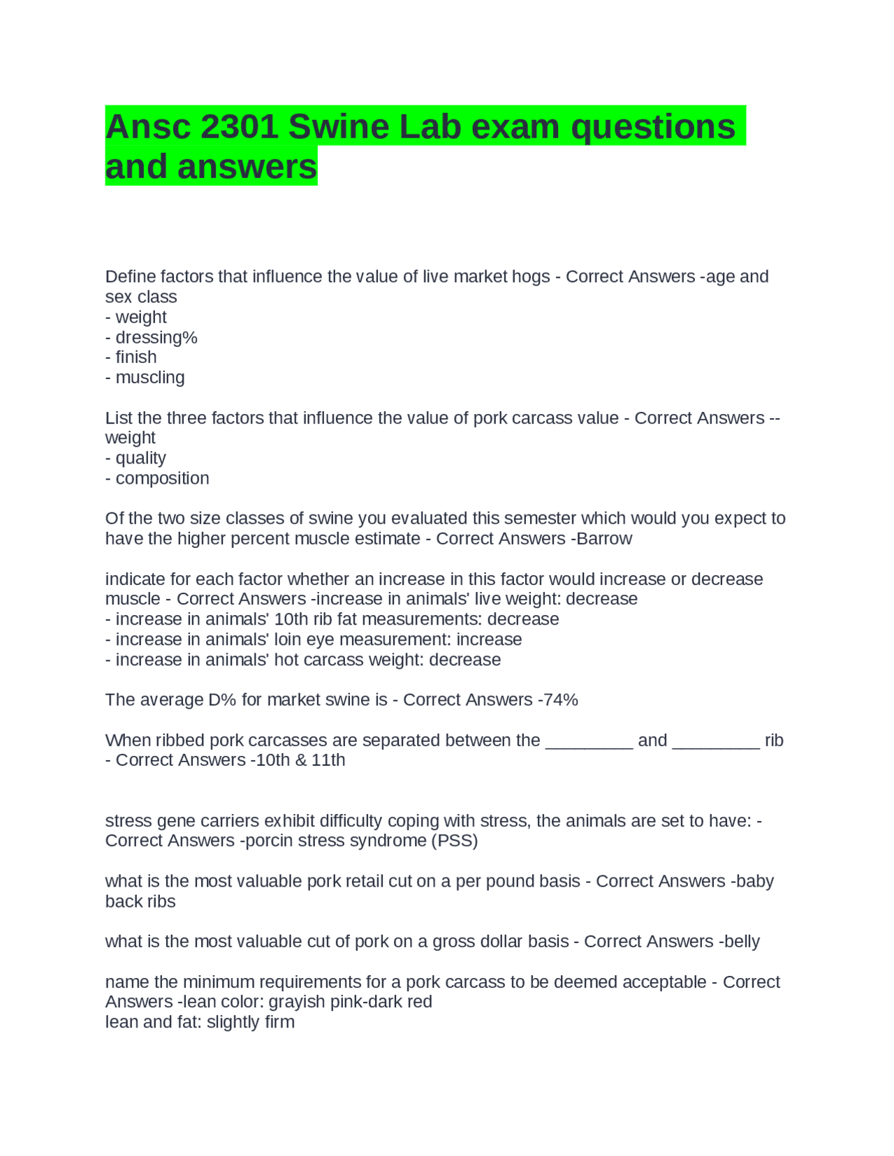 Swine Production: Lab Exam Questions and Answers | Exams Advanced ...