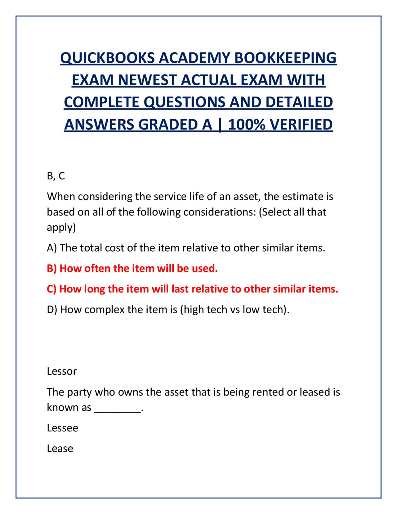 QuickBooks Academy Bookkeeping Exam: Practice Questions and Answers ...