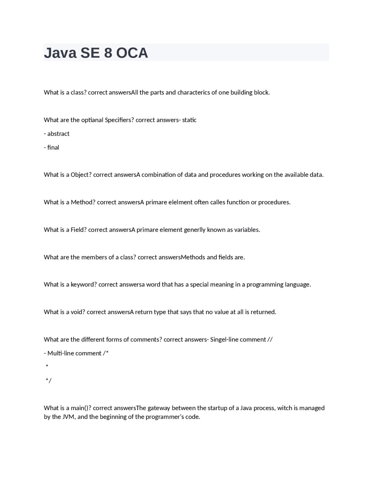 Java SE 8 OCA Exam With 100% Quality Answers | Exams Nursing | Docsity