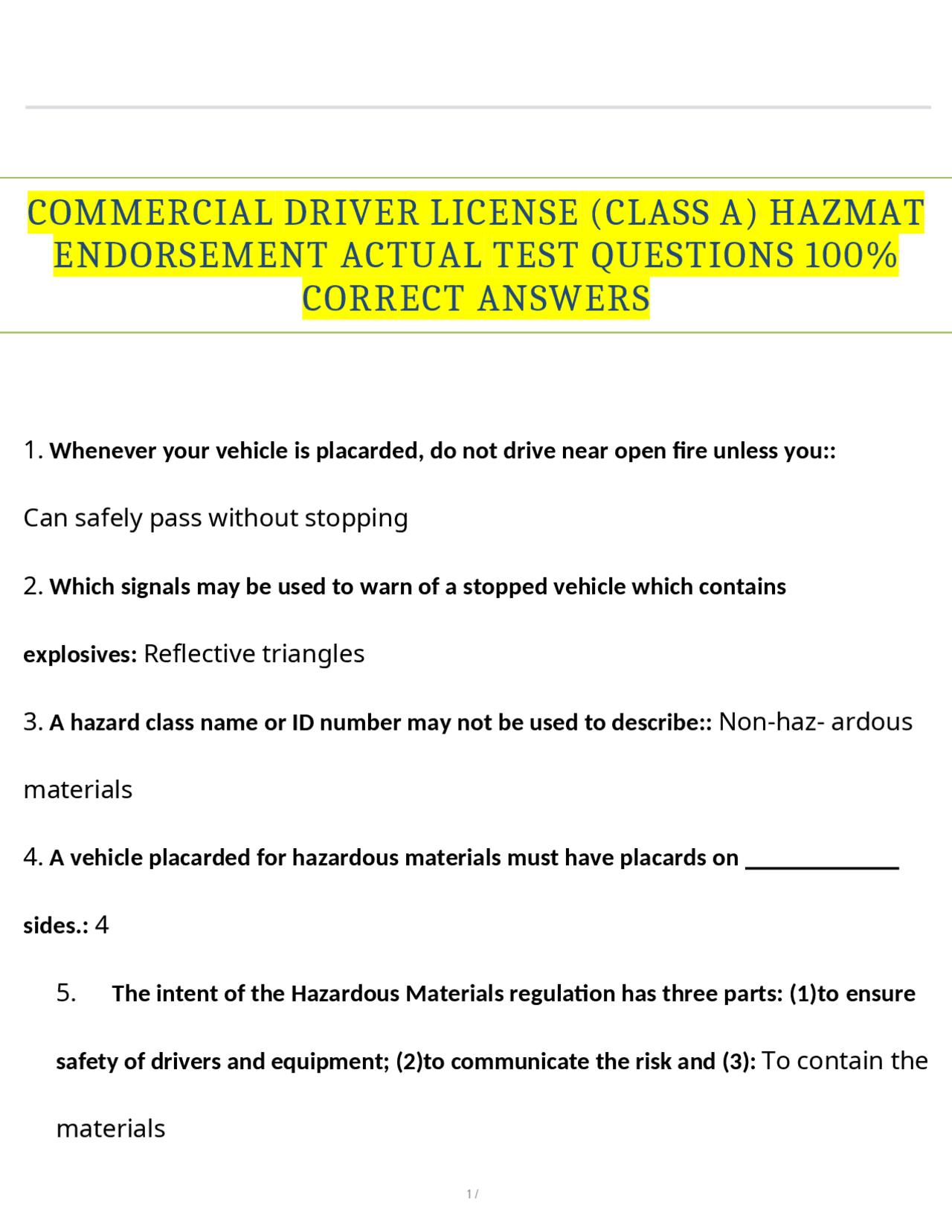 COMMERCIAL DRIVER LICENSE (CLASS A) HAZMAT ENDORSEMENT ACTUAL TEST ...