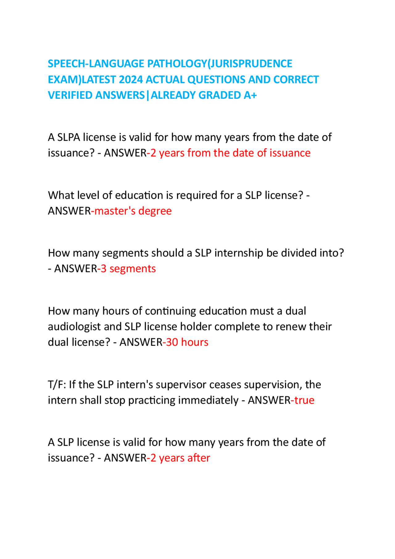 Speech-Language Pathology Jurisprudence Exam: Questions and Answers | Exams Nursing | Docsity