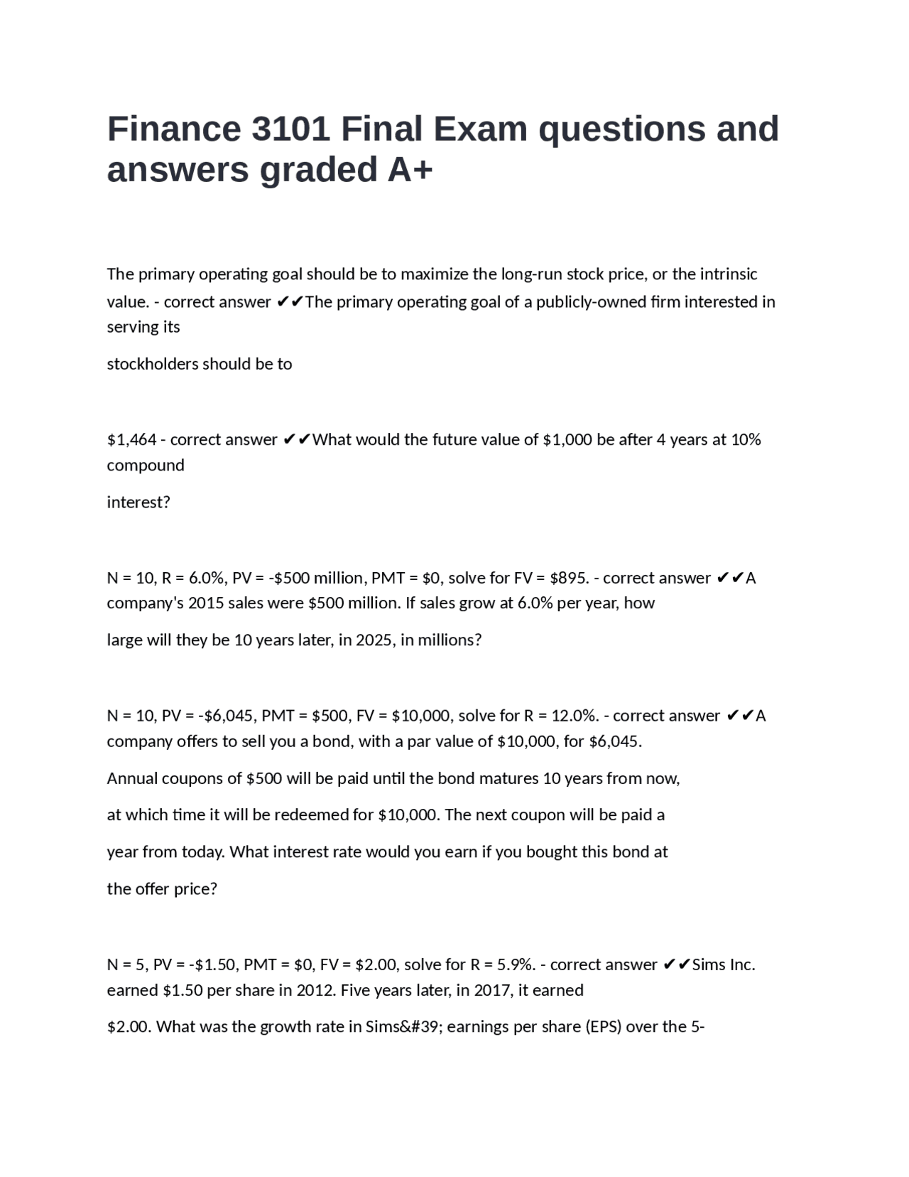 Finance 3101 Final Exam Questions and Answers | Exams Nursing | Docsity
