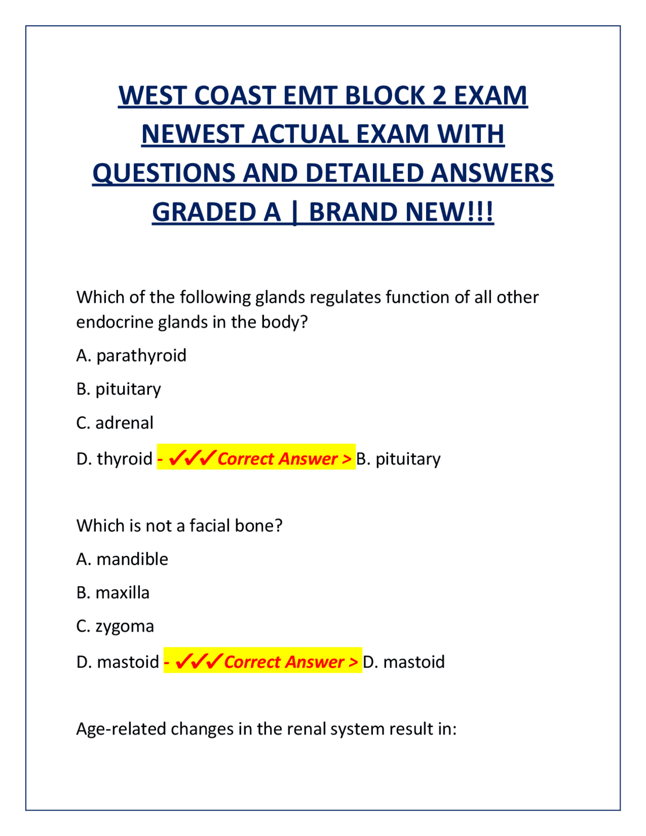 WEST COAST EMT BLOCK 2 EXAM NEWEST ACTUAL EXAM WITH QUESTIONS AND ...