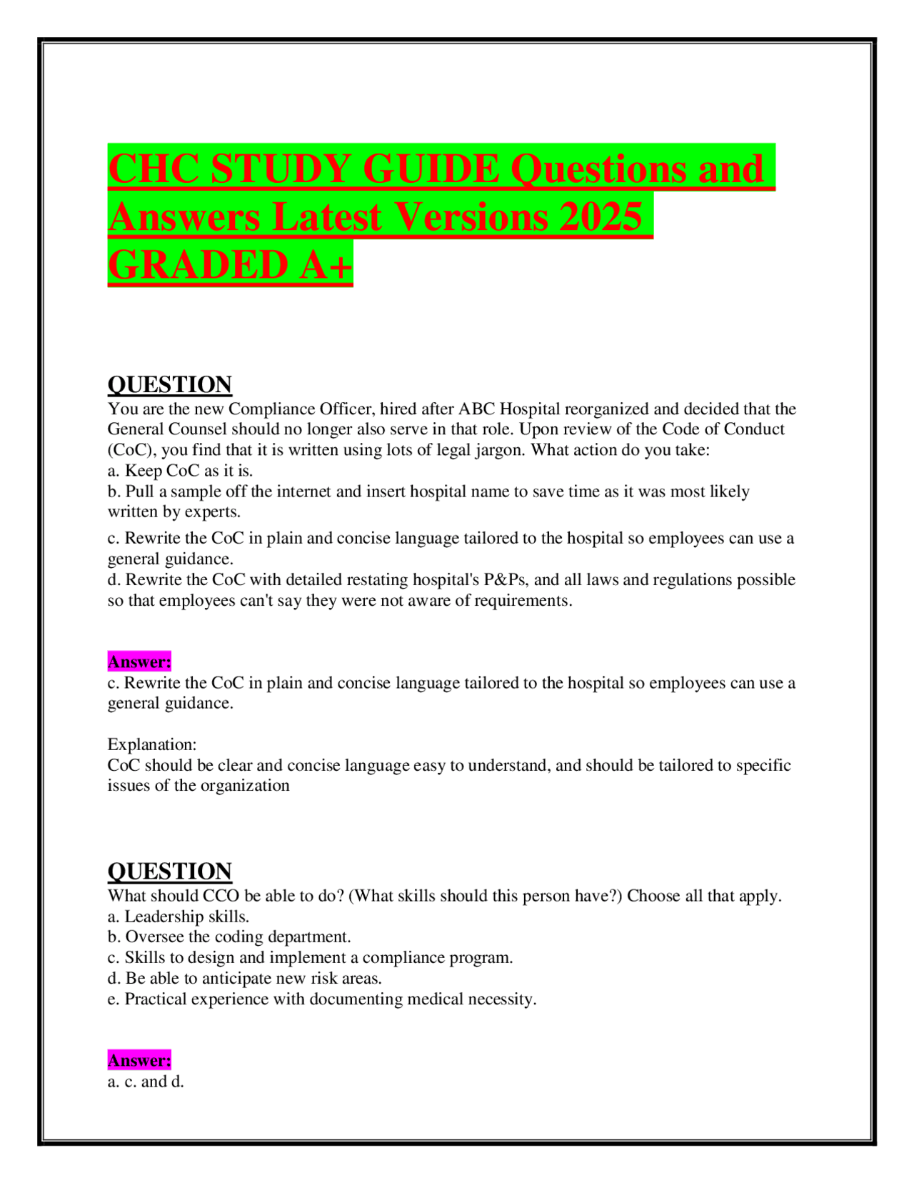 CHC STUDY GUIDE Questions and Answers Latest Versions 2025 GRADED A+ ...