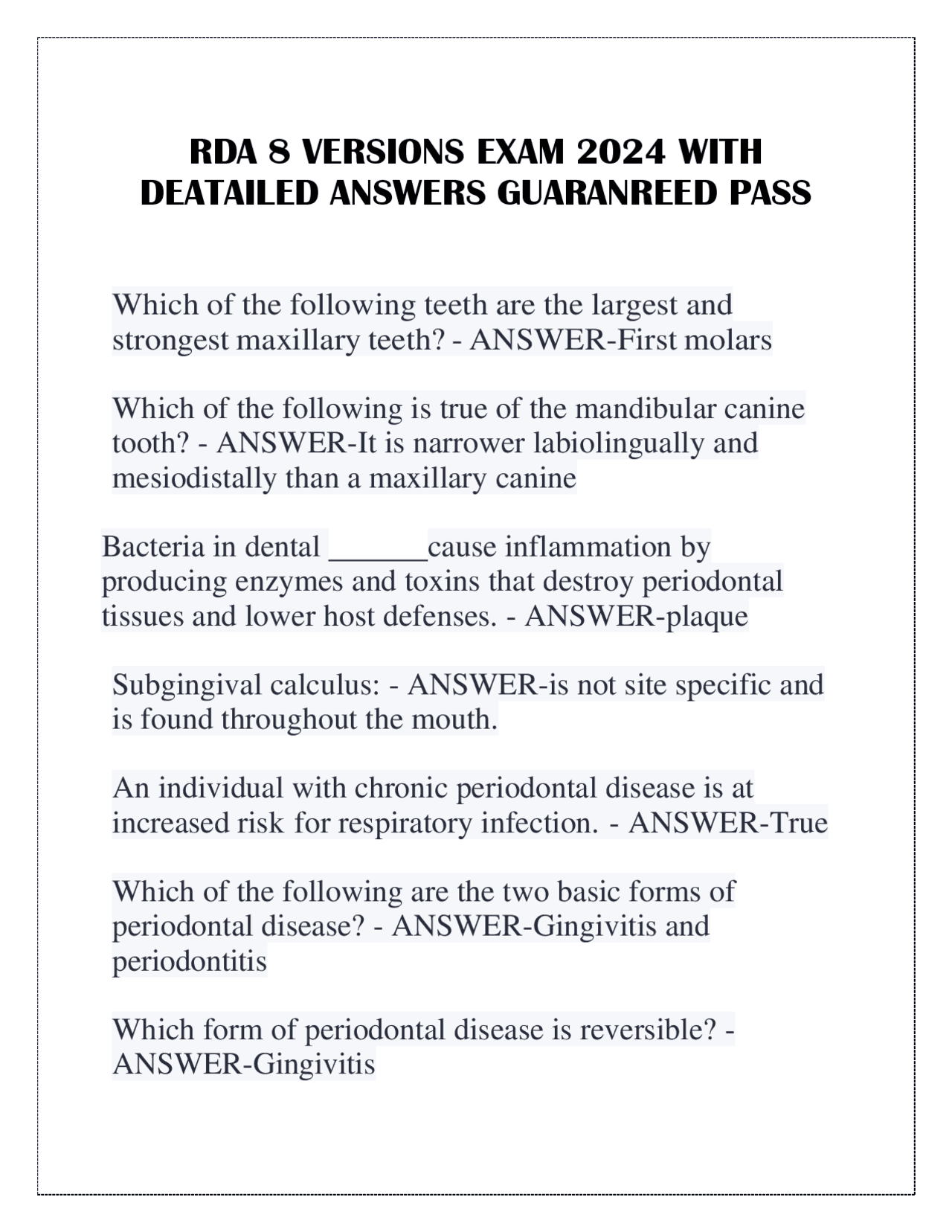 RDA 8 Versions Exam 2024: Dental Anatomy, Cariology, and Periodontology ...