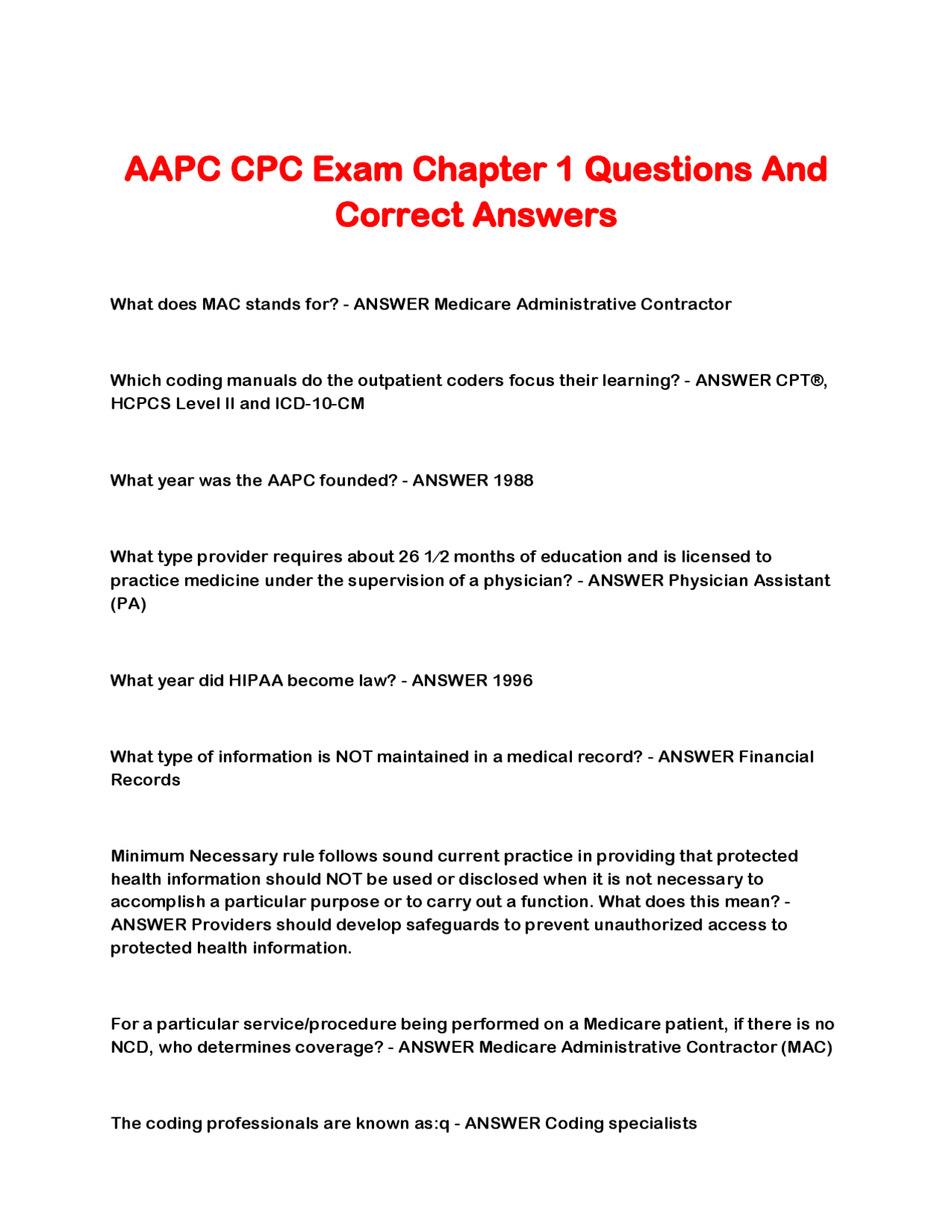 AAPC CPC Exam Chapter 1 Questions and Answers: A Guide to Medical ...