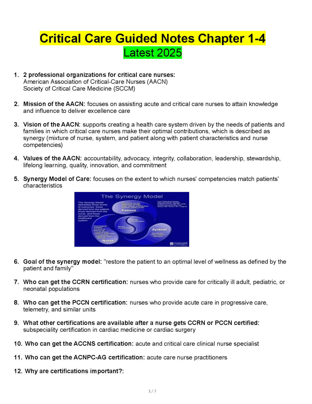 Critical Care Guided Notes and Study Guide Chapter 1-4 (latest 2025 ...
