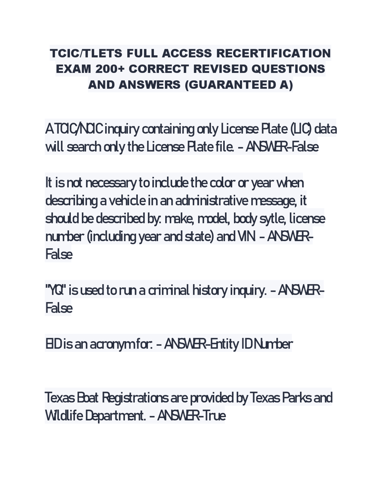 TCIC/TLETS FULL ACCESS RECERTIFICATION EXAM 200+ CORRECT REVISED ...