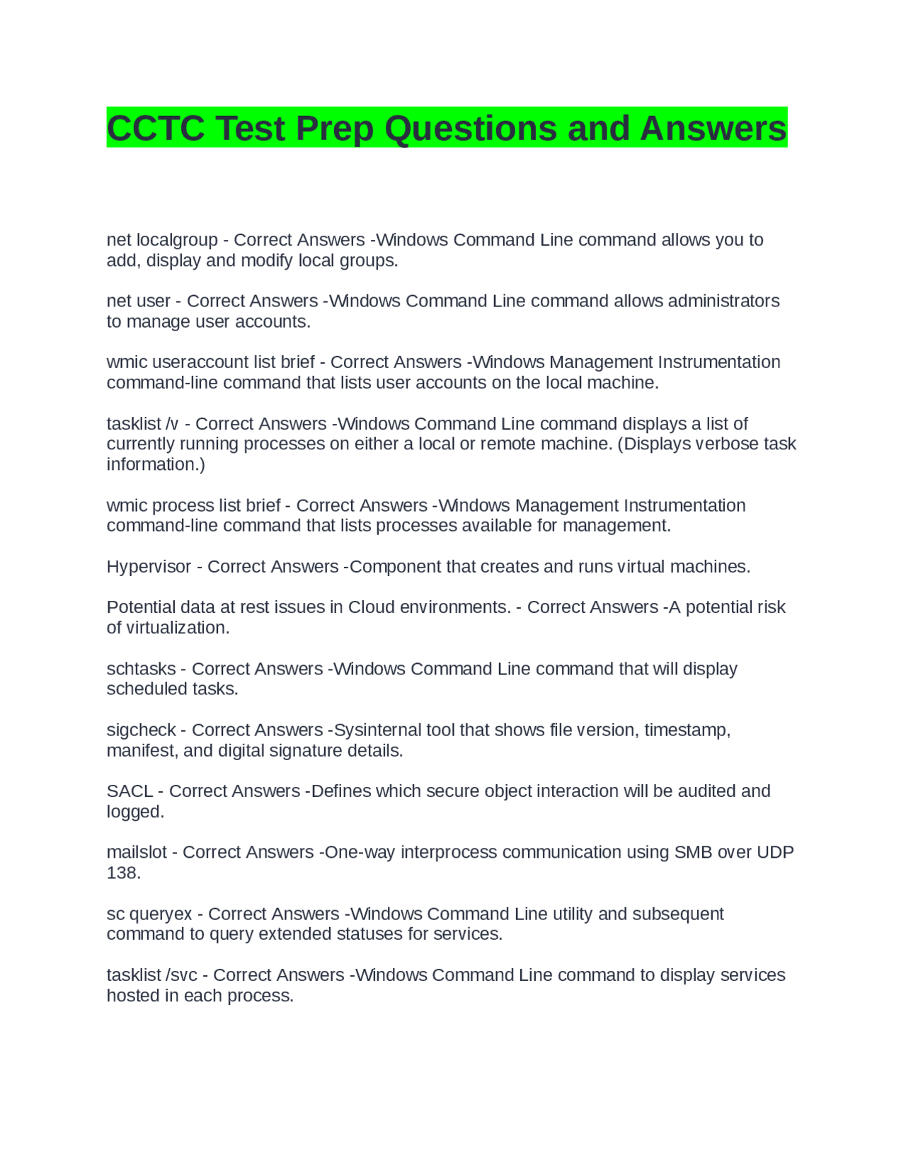 CCTC Test Prep Questions and Answers with 100% Accurate solutions ...