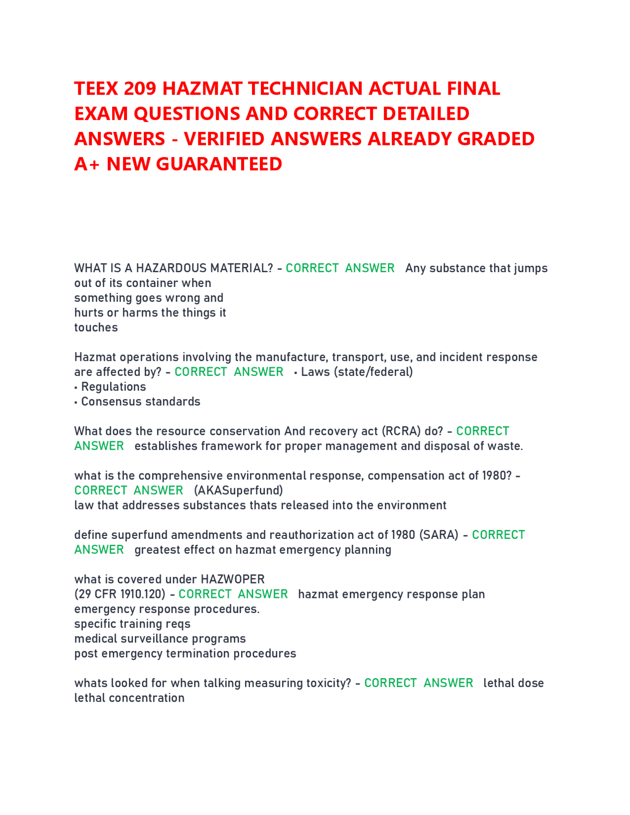 TEEX 209 HAZMAT TECHNICIAN ACTUAL FINAL EXAM QUESTIONS AND CORRECT ...