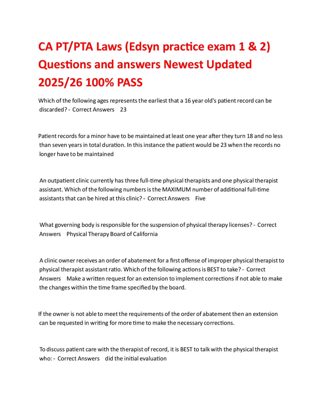 CA PT/PTA Laws (Edsyn practice exam 1 & 2) Questions and answers Newest ...