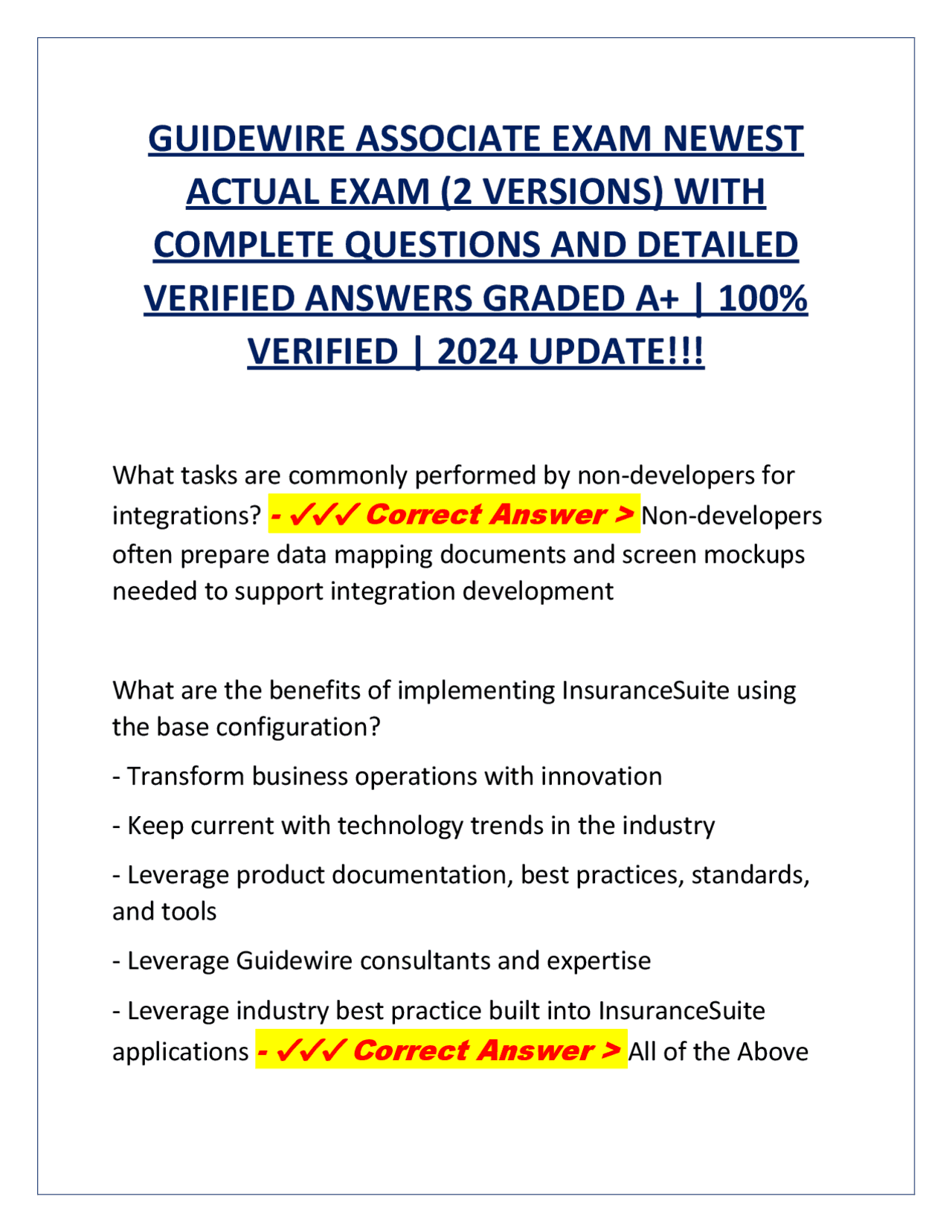 Guidewire Associate Exam Newest Actual Exam 2 Versions With Complete Questions And Det Exams