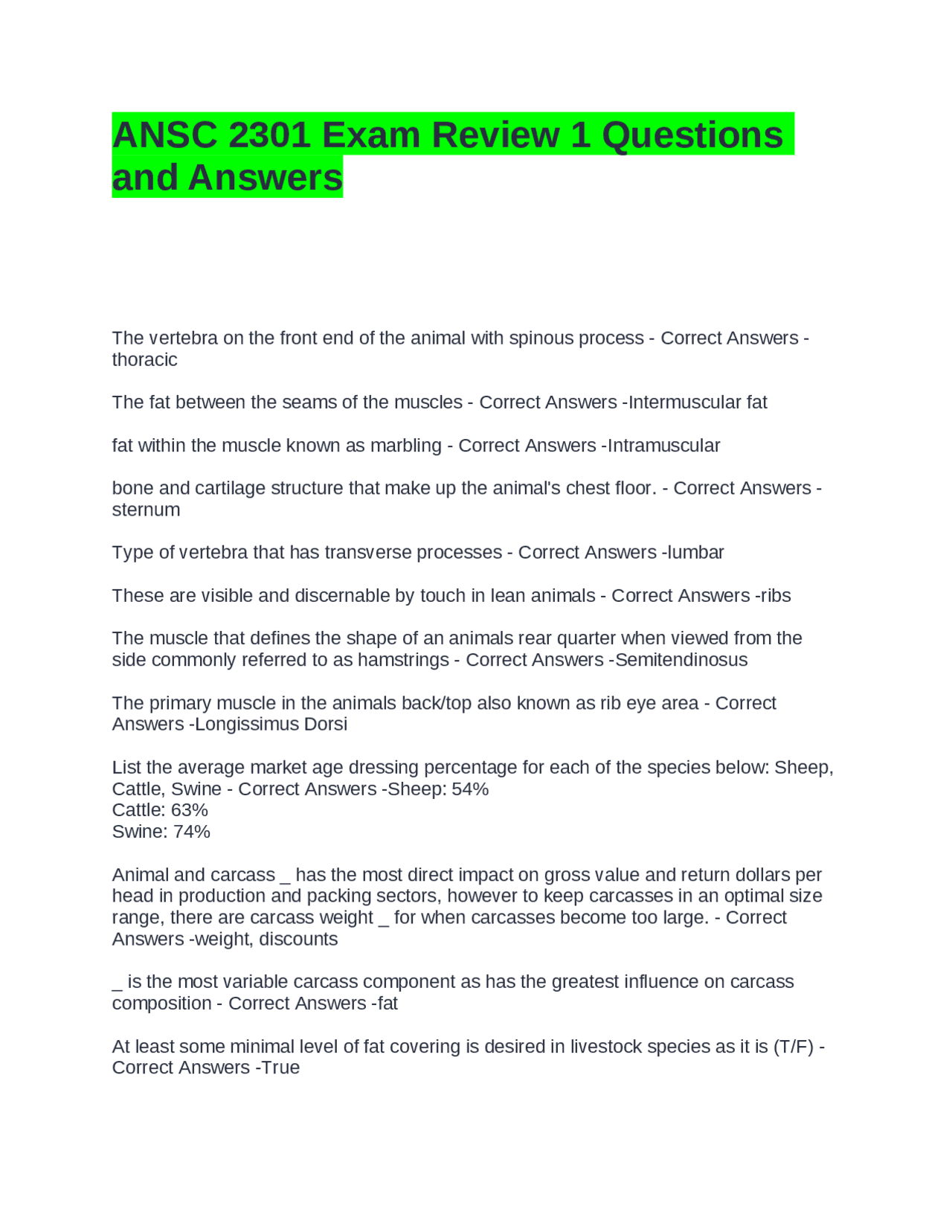 Animal Anatomy, Carcass Composition, and Meat Production Exam Review ...