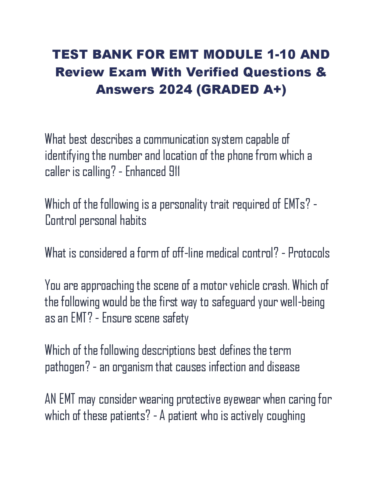 TEST BANK FOR EMT MODULE 1-10 AND Review Exam With Verified Questions ...