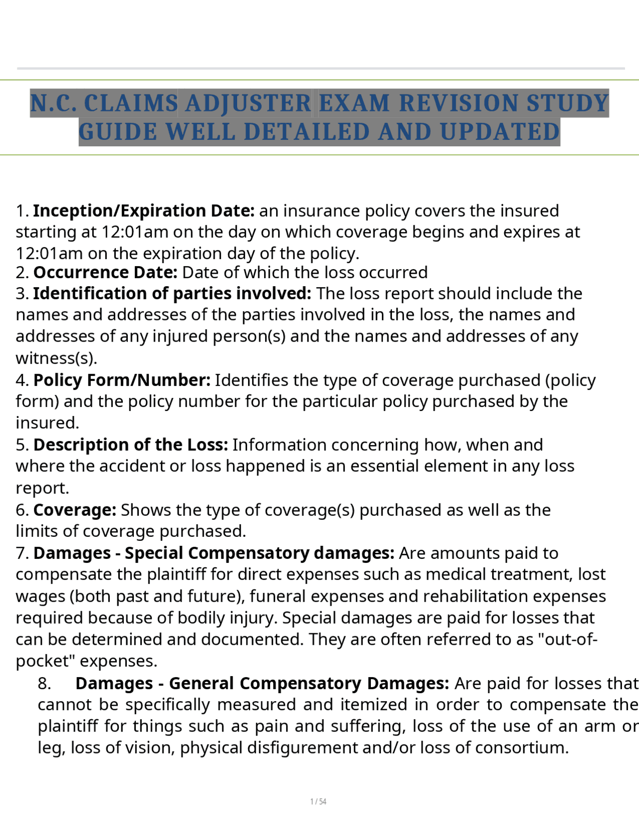 N.C. CLAIMS ADJUSTER EXAM REVISION STUDY GUIDE WELL DETAILED AND ...