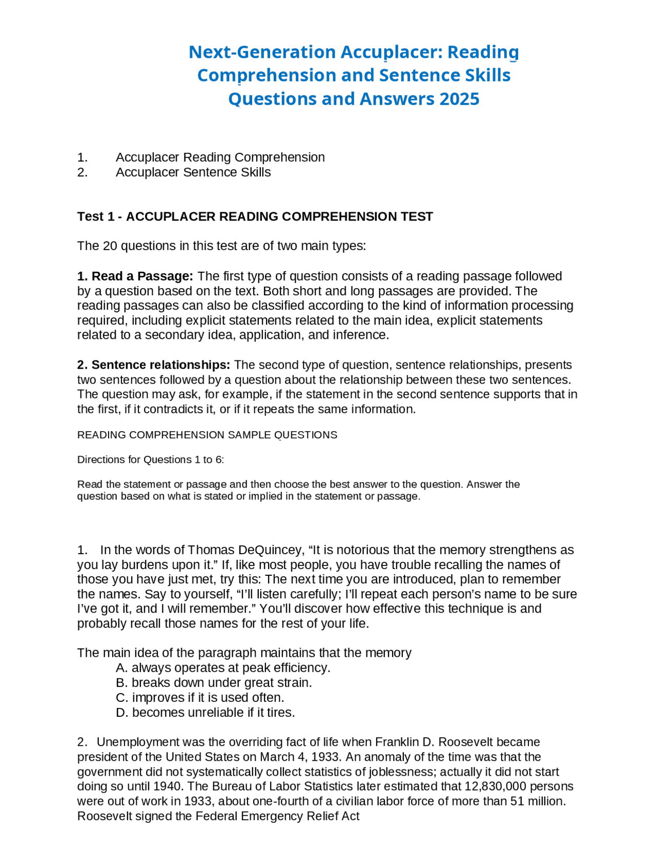 Next Generation Accuplacer Reading Comprehension And Sentence Skills Questions And Answers