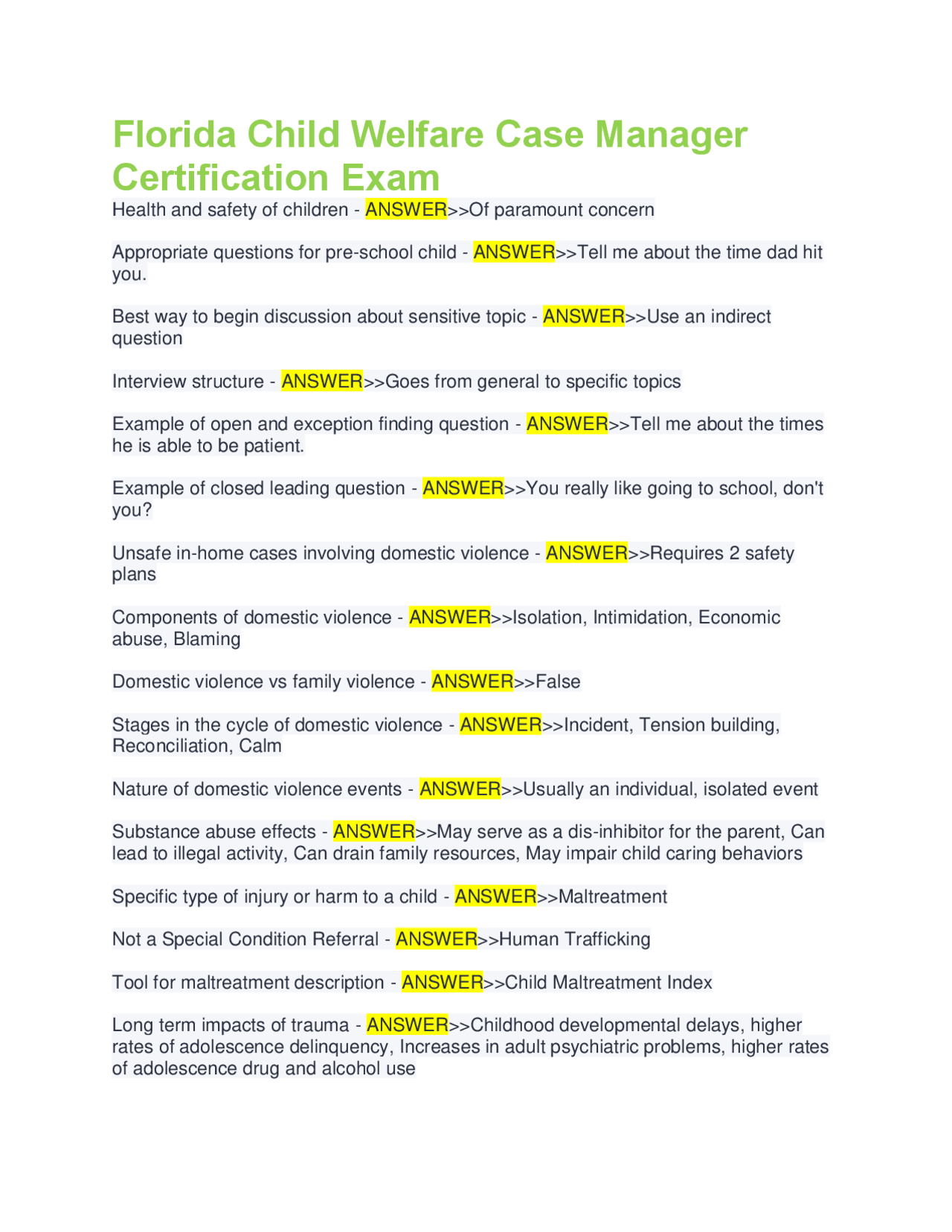 Florida Child Welfare Case Manager Certification Exam | Exams Law | Docsity