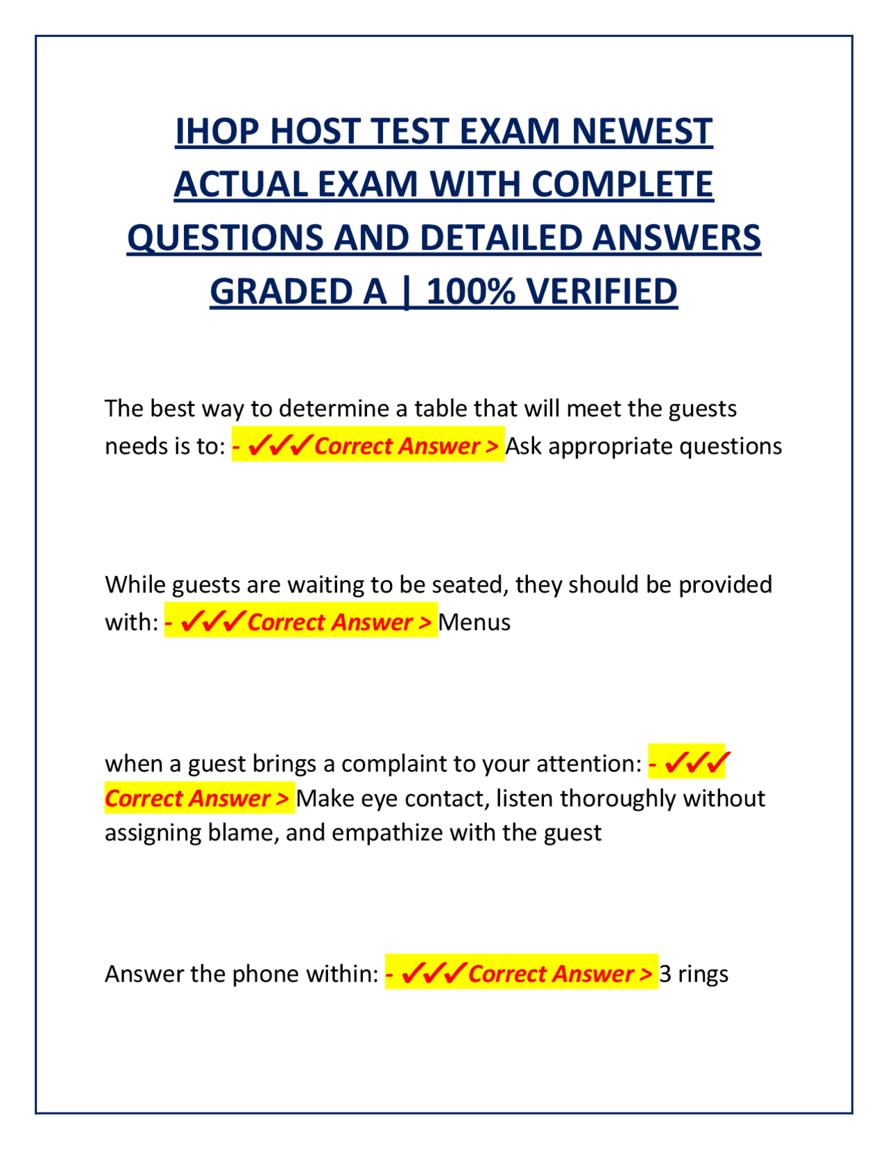 IHOP HOST TEST EXAM NEWEST ACTUAL EXAM WITH COMPLETE QUESTIONS AND ...