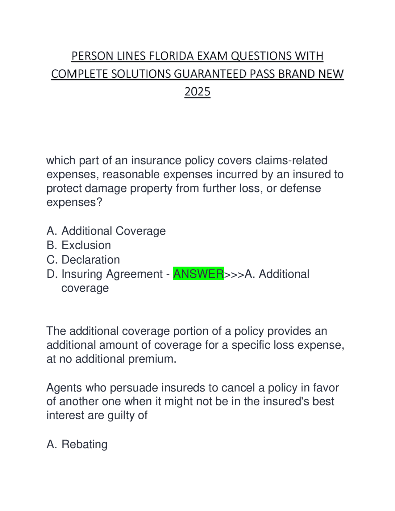 Florida Insurance Exam Questions and Answers | Exams Insurance law ...