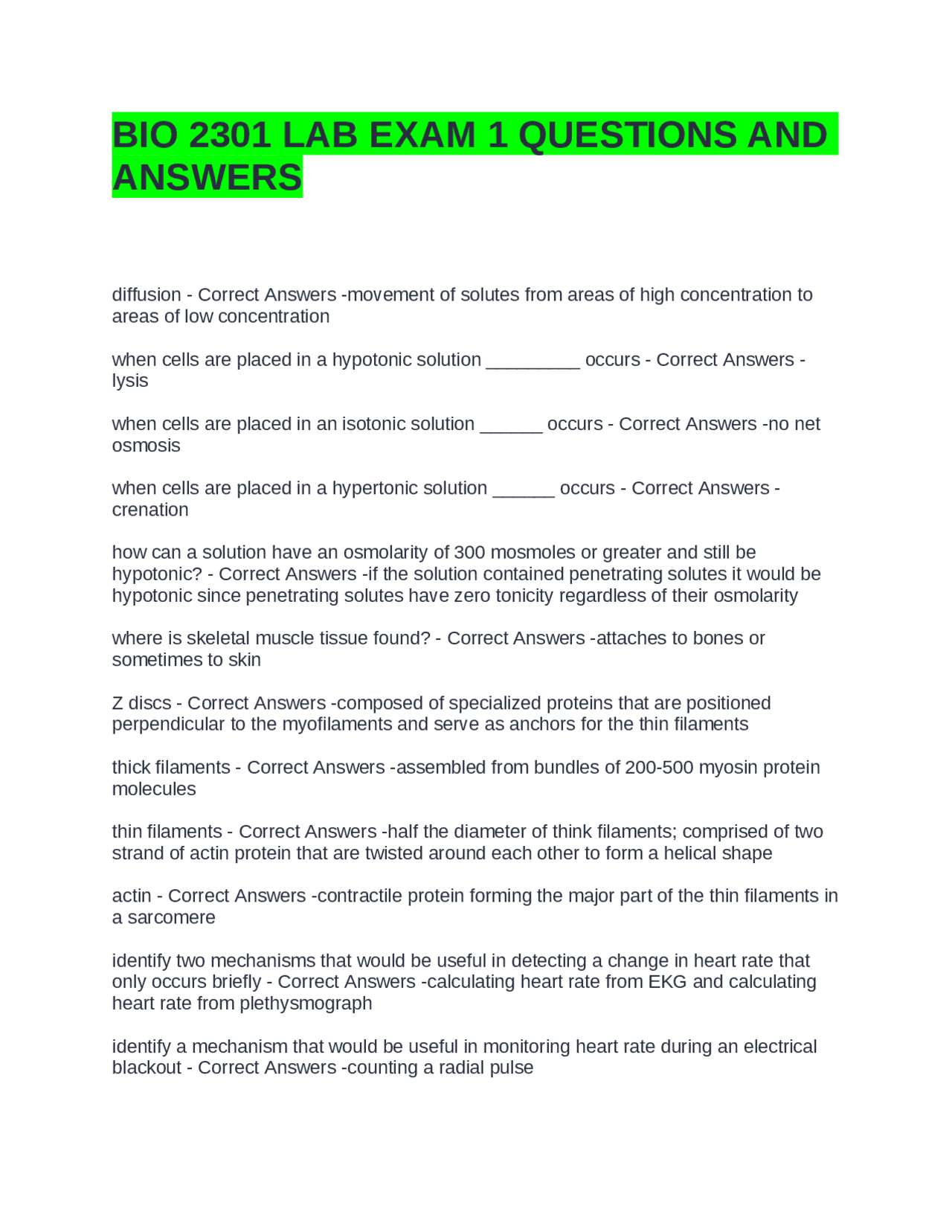 BIO 2301 Lab Exam 1: Questions and Answers on Cell Biology and ...