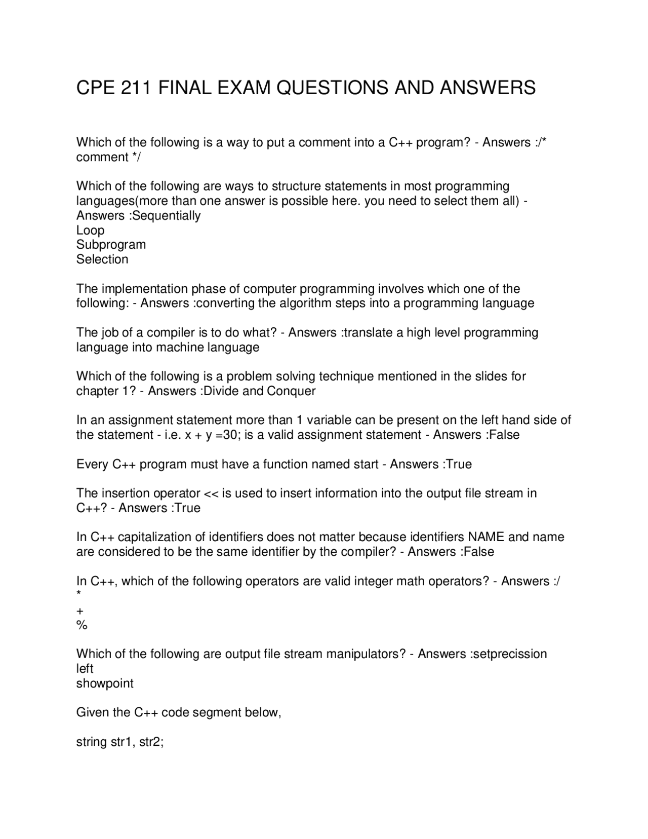 CPE 211 Final Exam Questions and Answers: C++ Programming Concepts ...