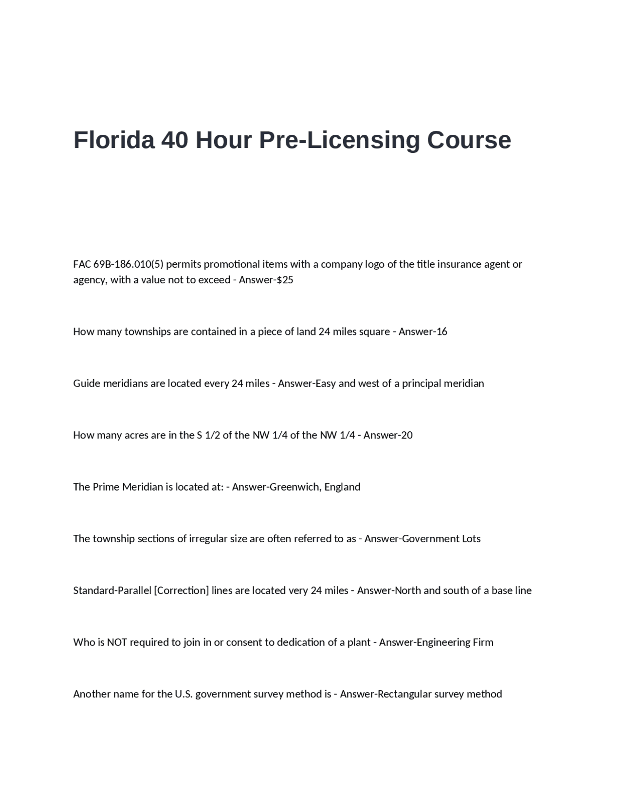 Florida 40 Hour Pre-Licensing Course Exam Questions and Answers | Exams Nursing | Docsity