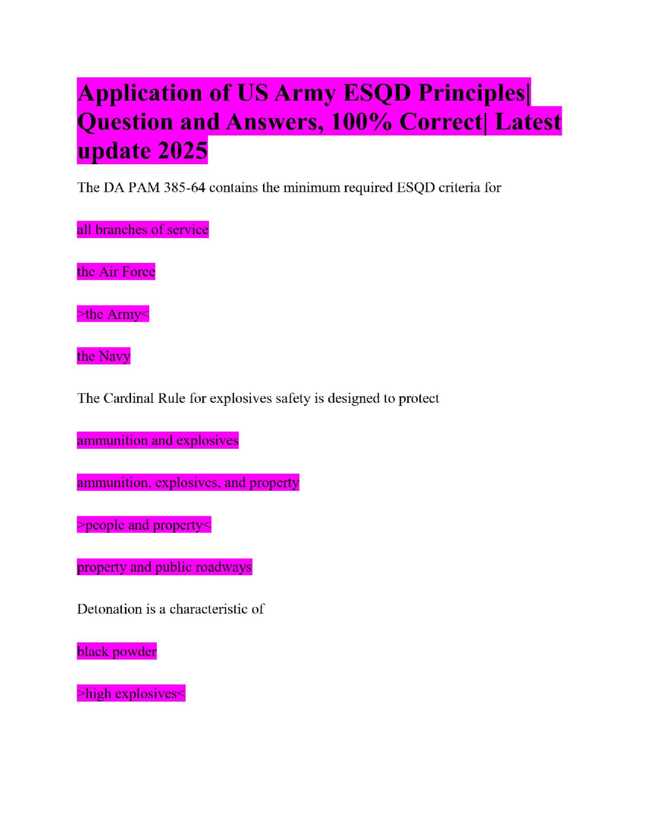 Application of US Army ESQD Principles| Question and Answers, 100% ...