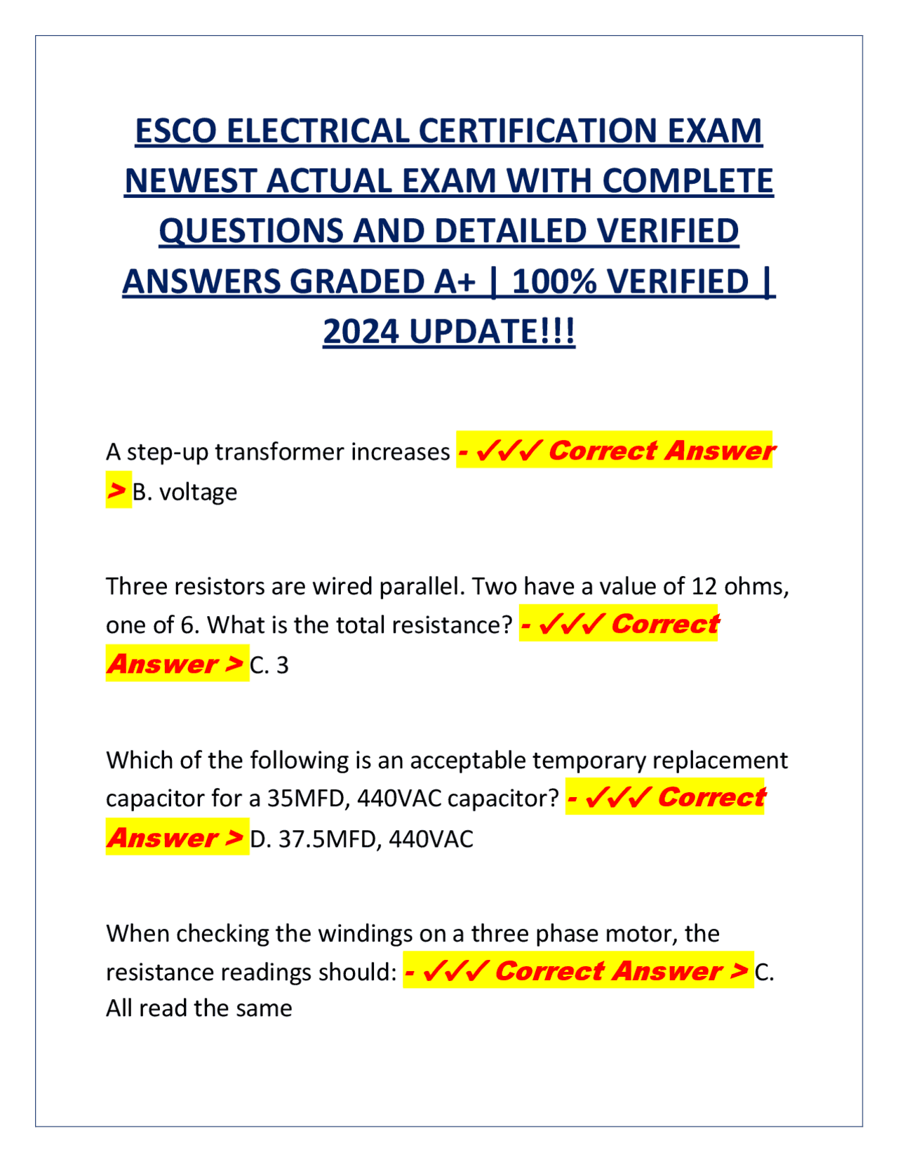 ESCO ELECTRICAL CERTIFICATION EXAM NEWEST ACTUAL EXAM WITH COMPLETE ...