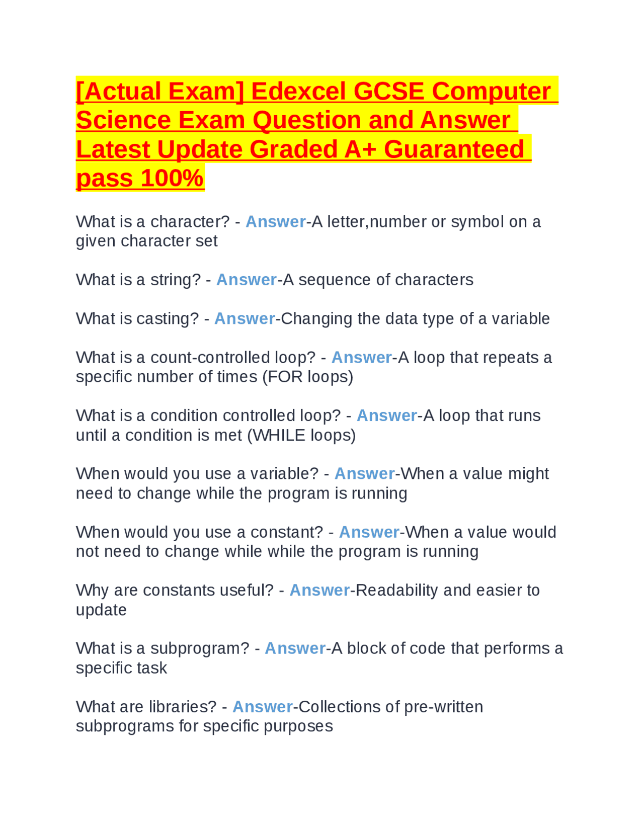 [Actual Exam] Edexcel GCSE Computer Science Exam Question and Answer ...