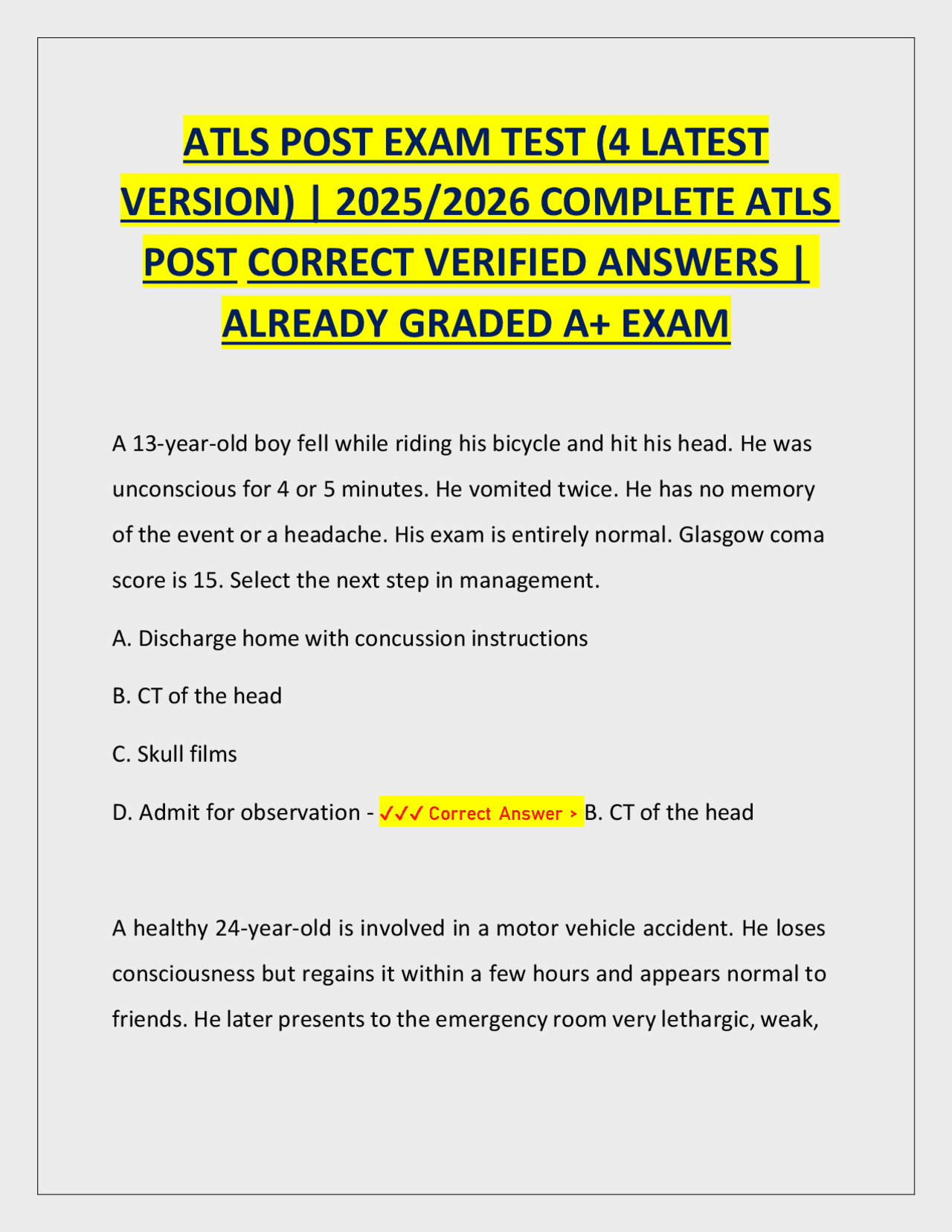 ATLS POST EXAM TEST (4 LATEST VERSION) | 2025/2026 COMPLETE ATLS POST ...