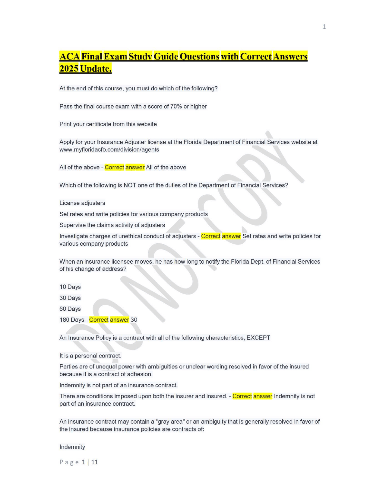 ACA Final Exam Study Guide Questions with Correct Answers 2025 Update ...