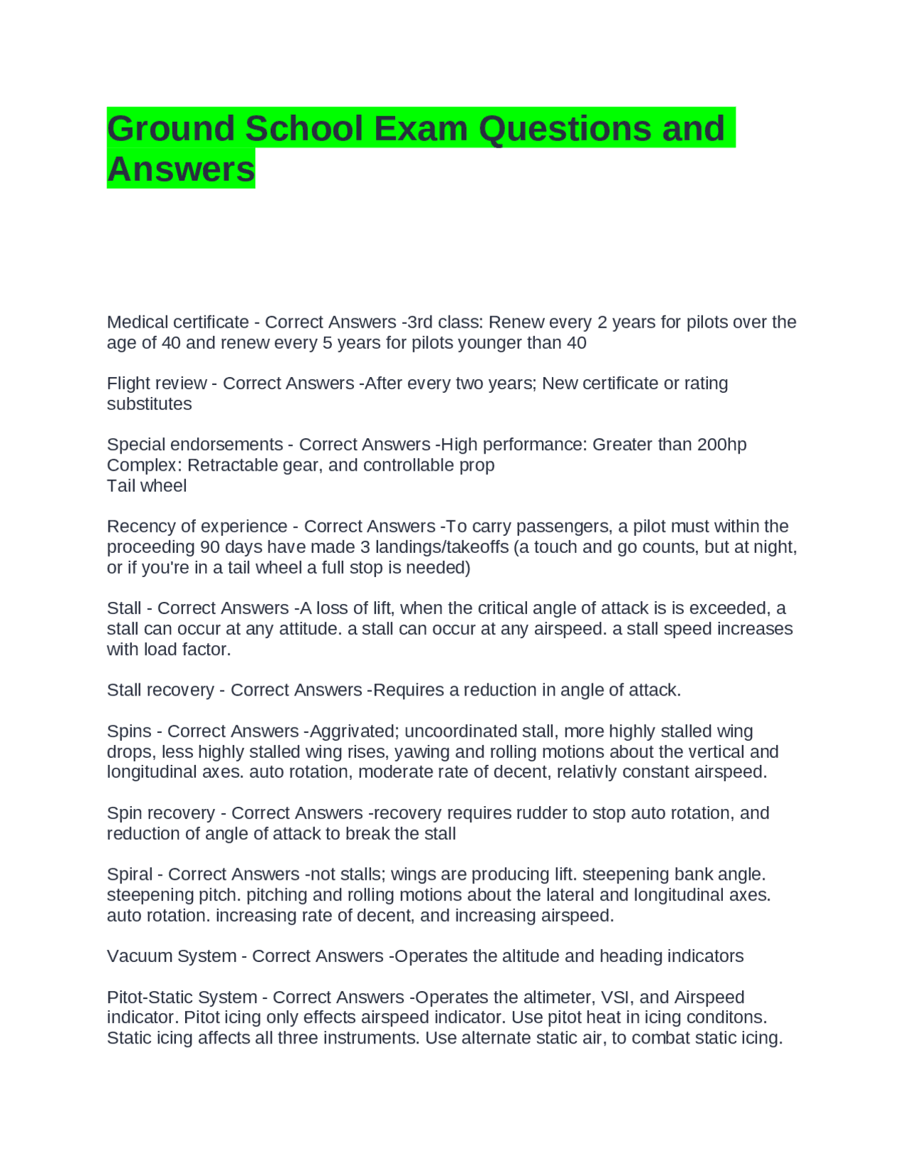 Ground School Exam Questions and Answers for Aviation | Exams Advanced ...