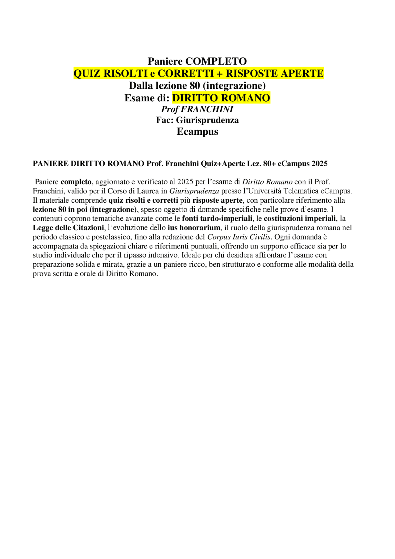 PANIERE DIRITTO ROMANO Prof. Franchini Quiz+Aperte Lez. 80+ eCampus 2025 | Panieri di Diritto ...