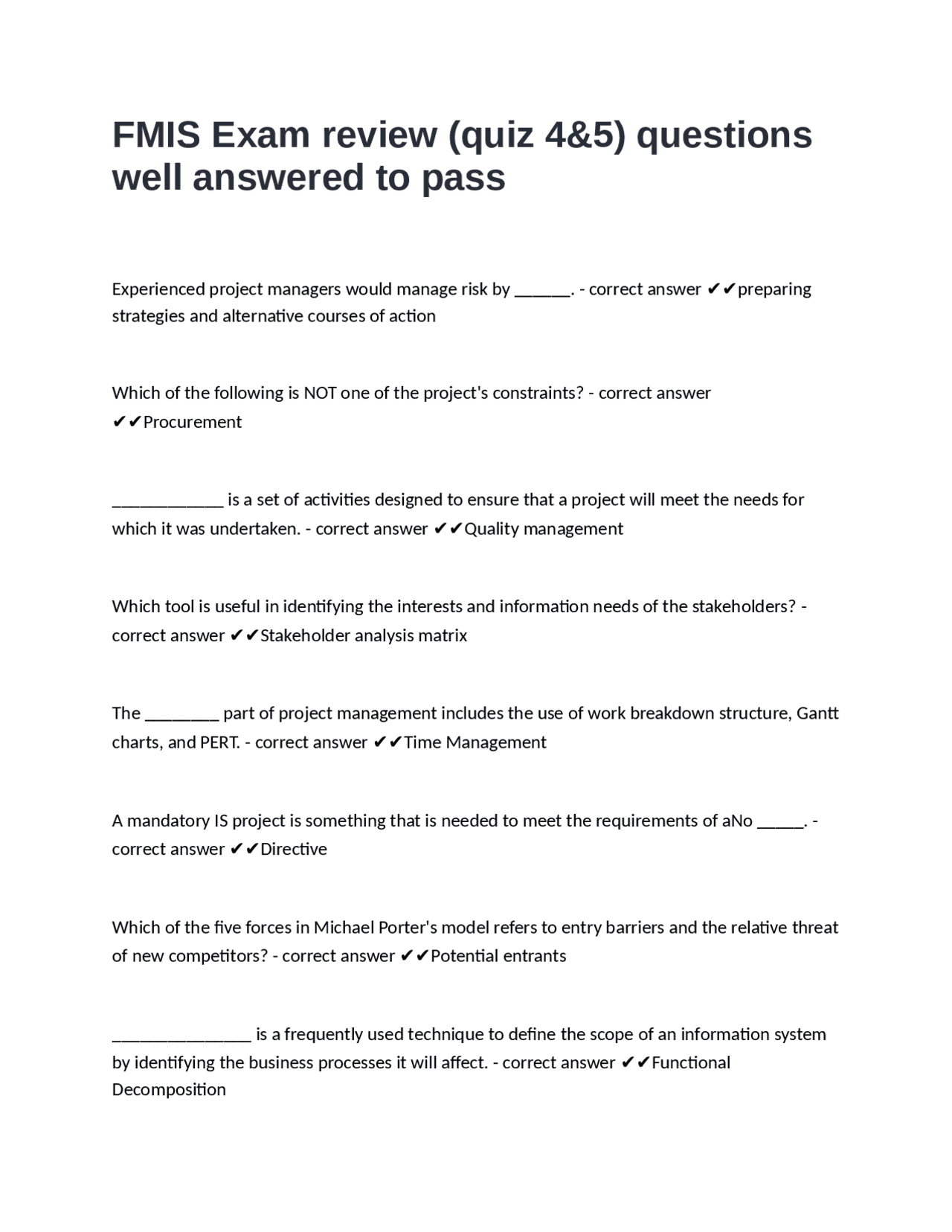 FMIS Exam Review: Quiz 4 & 5 Questions and Answers | Exams Nursing | Docsity