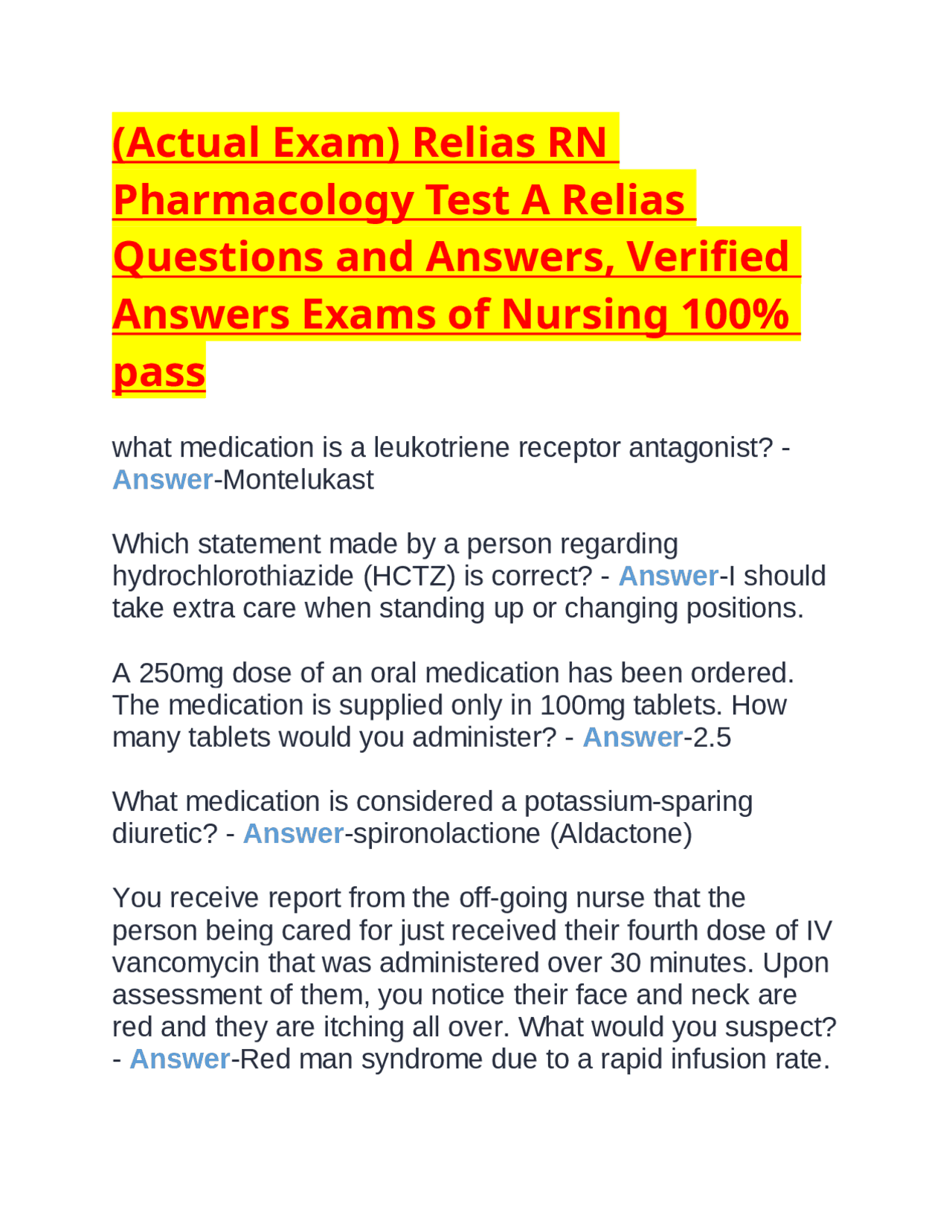 (Actual Exam) Relias RN Pharmacology Test A Relias Questions and ...