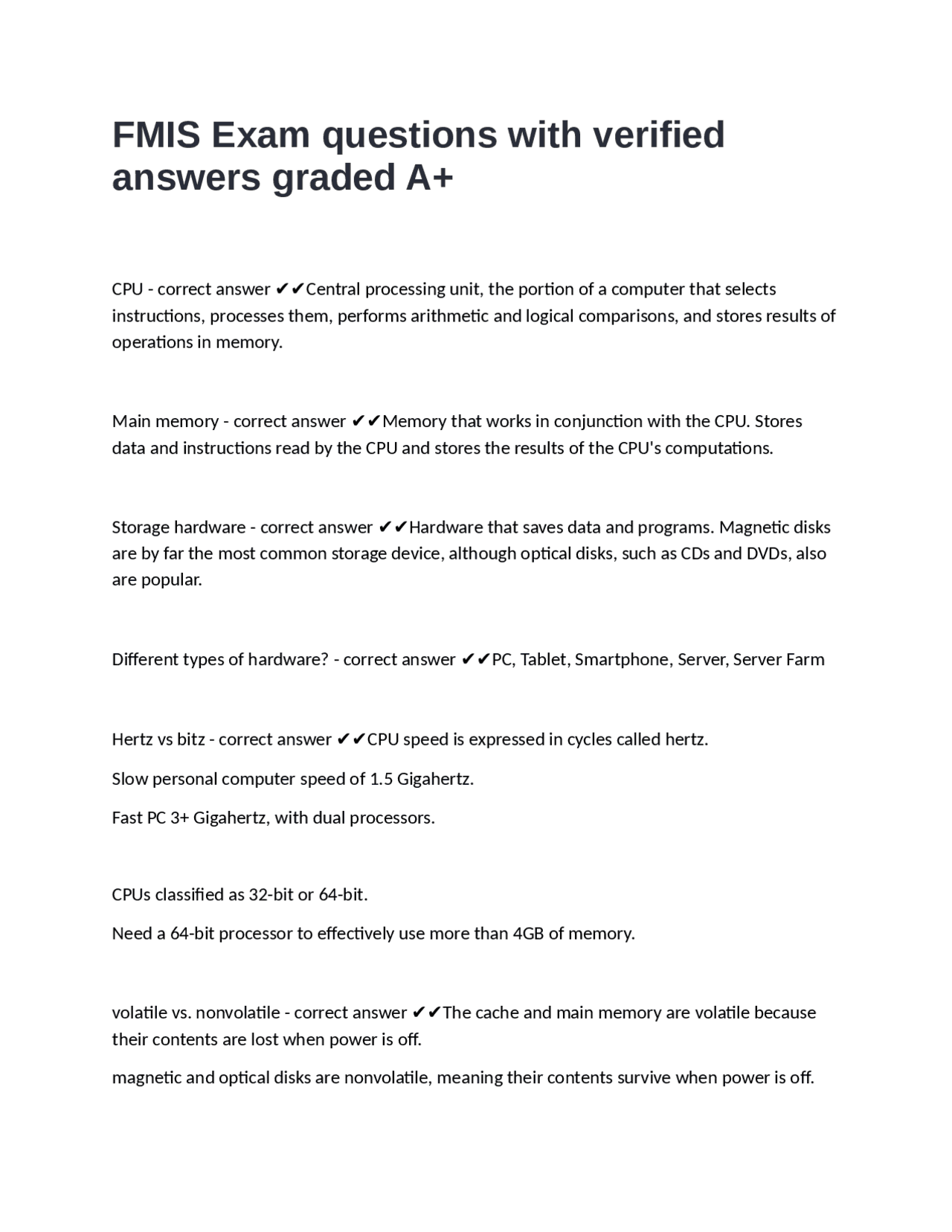 FMIS Exam questions with verified answers graded A+-7.docx | Exams Nursing | Docsity