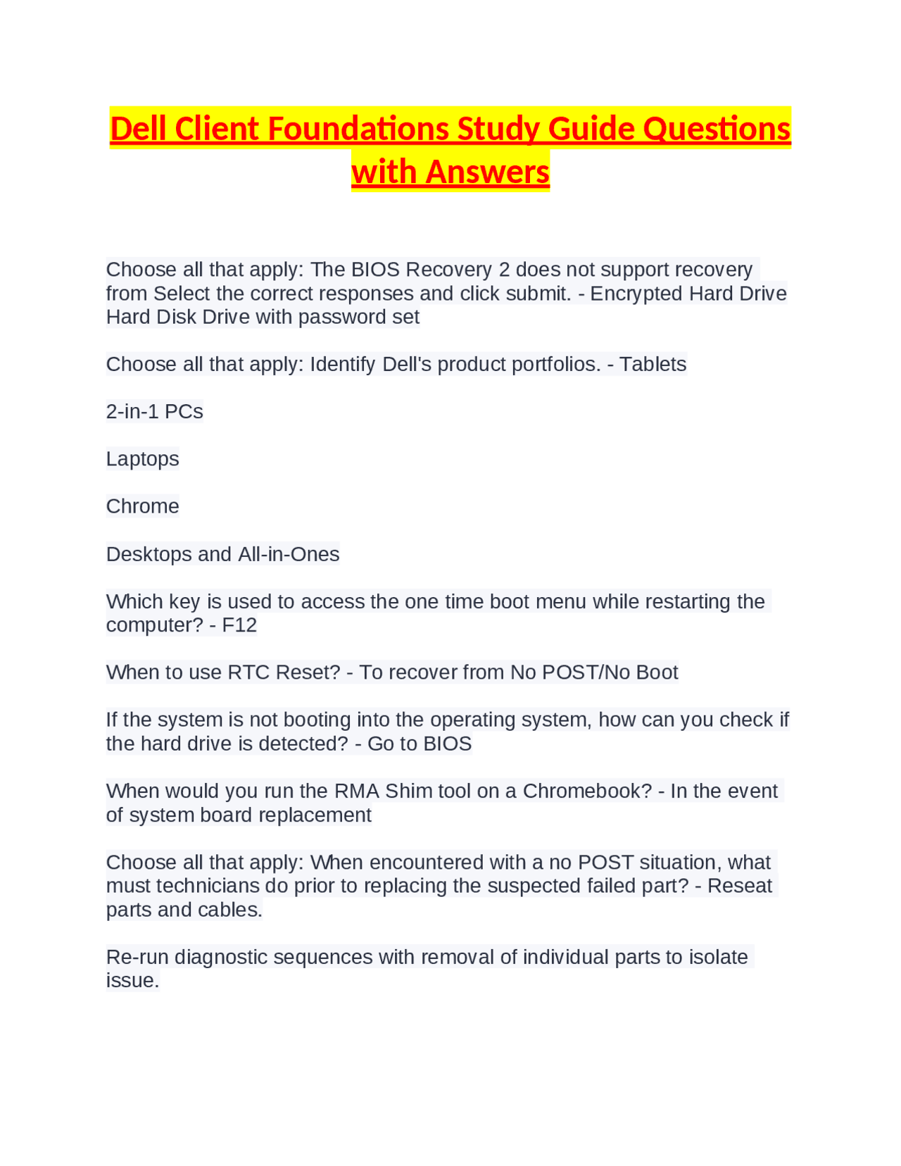 Dell Client Foundations Study Guide Questions with Answers | Exams ...