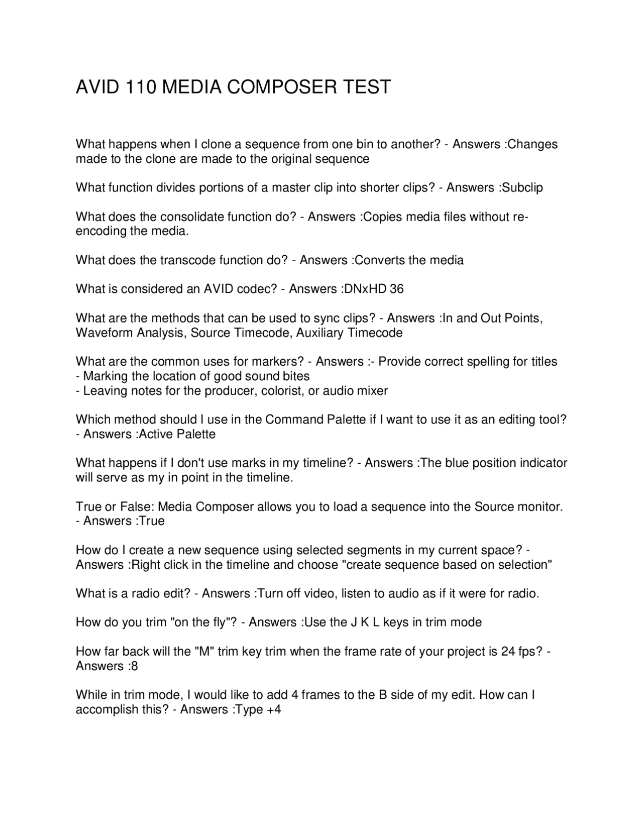 AVID 110 MEDIA COMPOSER TEST | Exams Social Sciences | Docsity