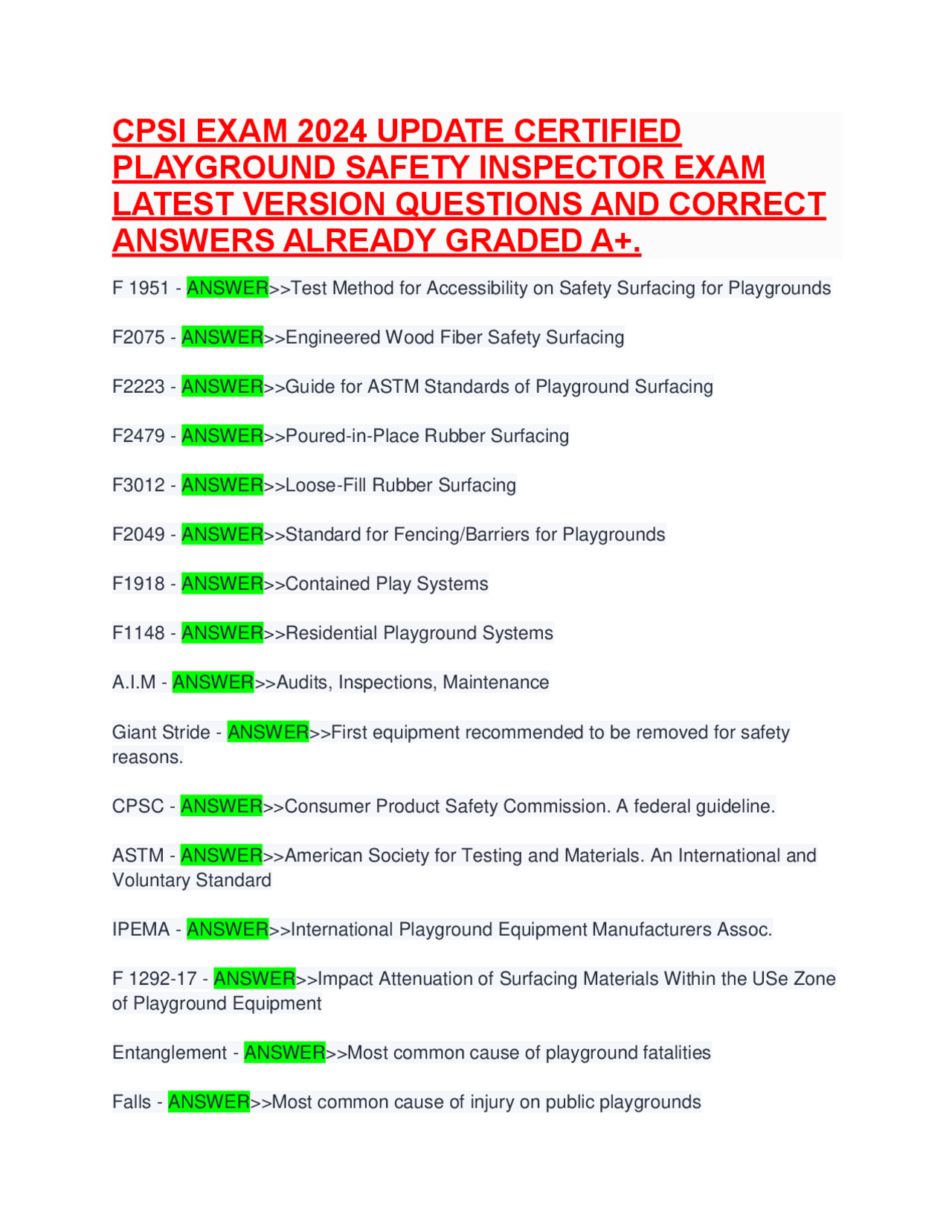 CPSI EXAM 2024 UPDATE CERTIFIED PLAYGROUND SAFETY INSPECTOR EXAM LATEST ...