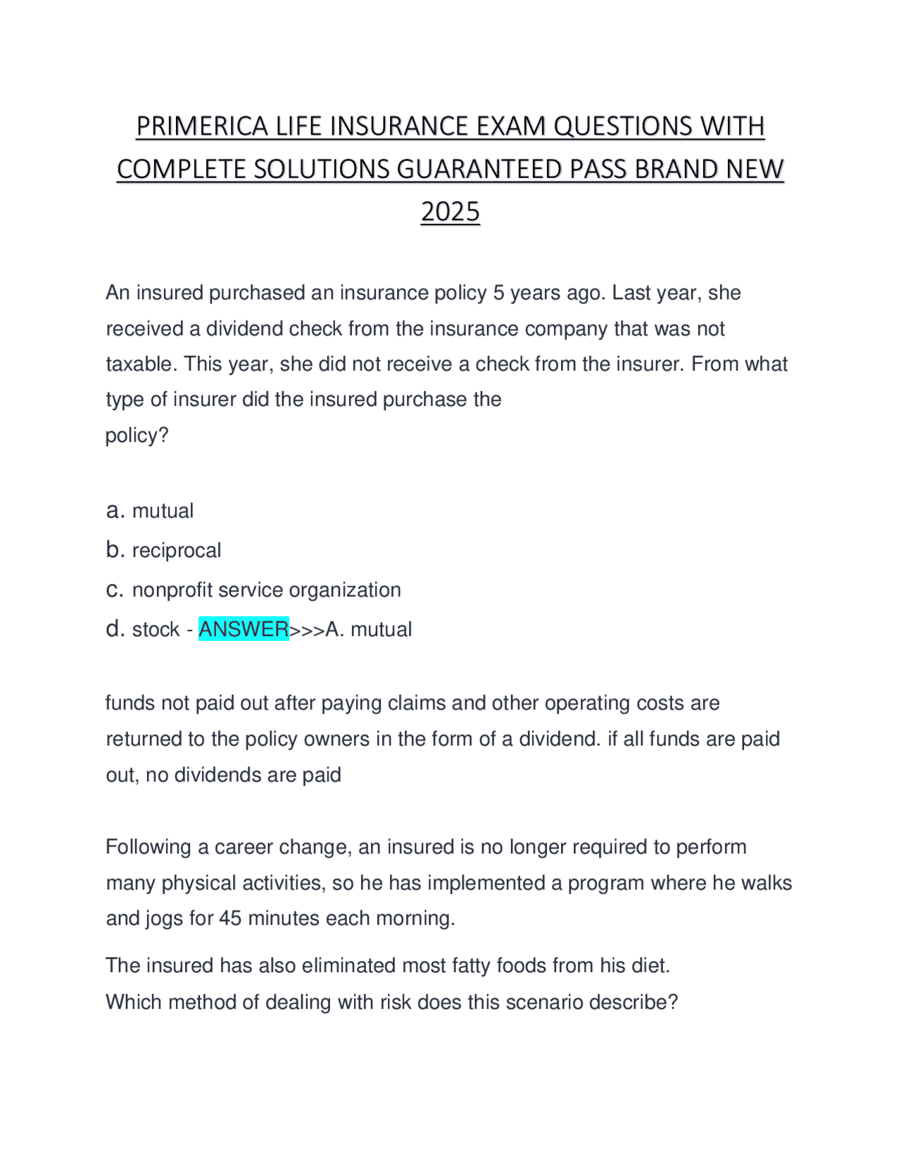PRIMERICA LIFE INSURANCE EXAM QUESTIONS WITH COMPLETE SOLUTIONS ...