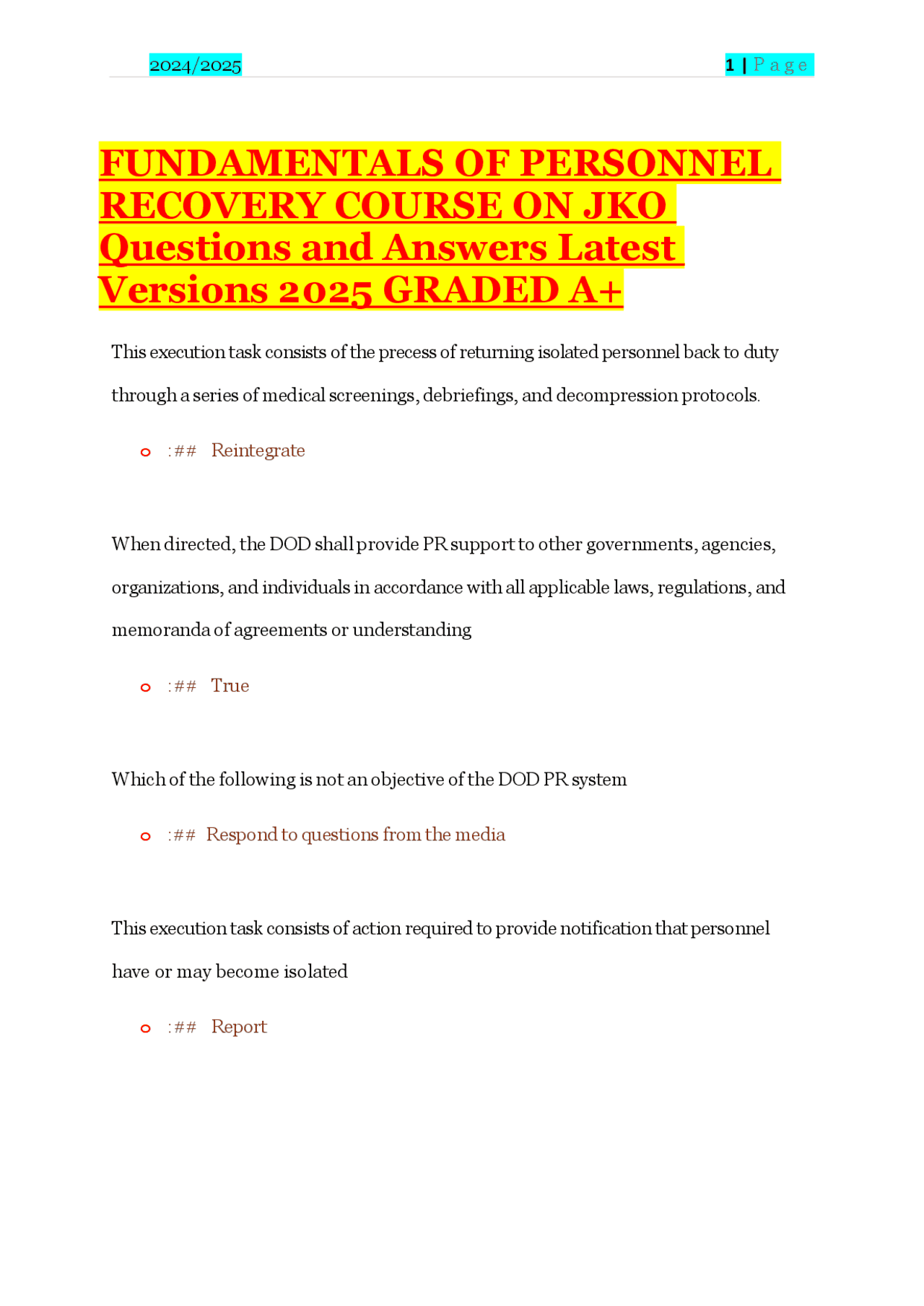 Fundamentals of Personnel Recovery: Questions and Answers for JKO ...