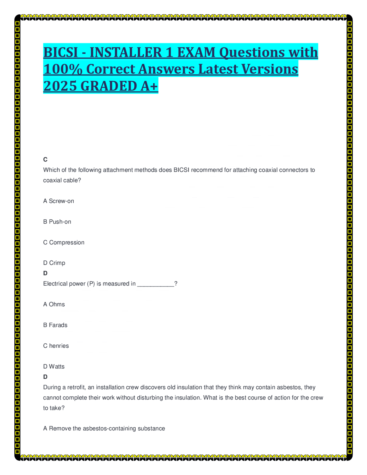 BICSI - INSTALLER 1 EXAM Questions with 100% Correct Answers Latest ...
