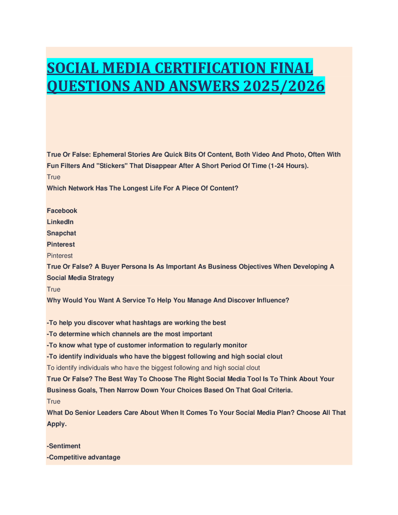 SOCIAL MEDIA CERTIFICATION FINAL QUESTIONS AND ANSWERS 2025/2026 ...