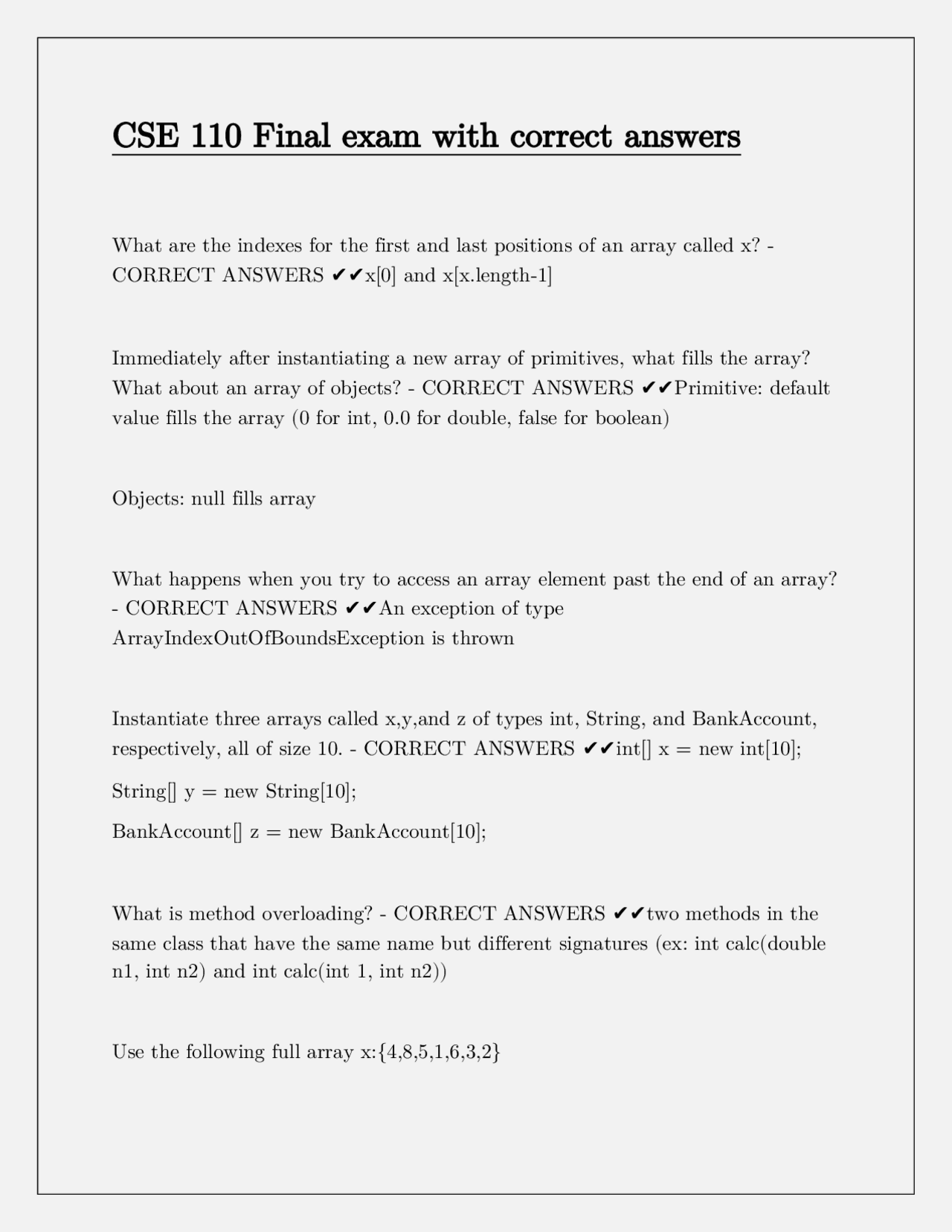 CSE 110 Final Exam: Java Programming Concepts and Practice | Exams Nursing | Docsity