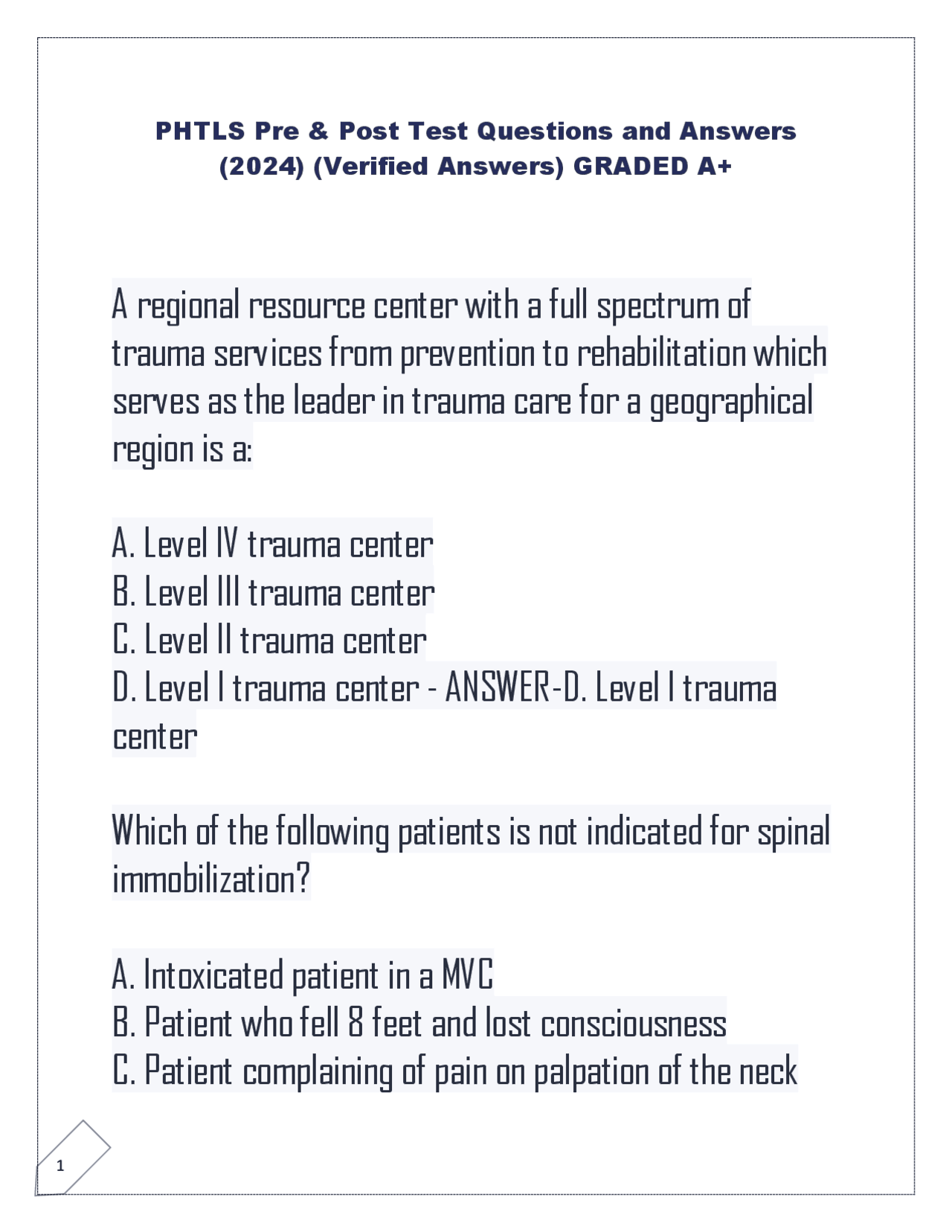 PHTLS Pre & Post Test Questions and Answers (2024) (Verified Answers ...