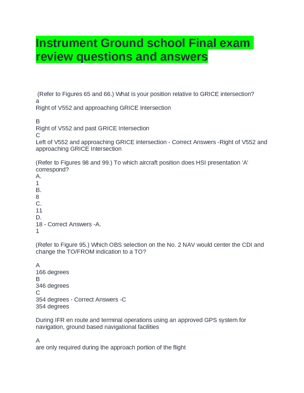 Instrument Ground School Final Exam Review Questions and Answers ...