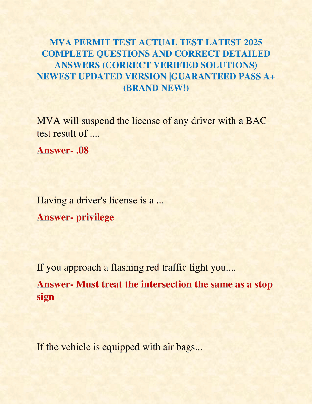 MVA PERMIT TEST ACTUAL TEST LATEST 2025 COMPLETE QUESTIONS AND CORRECT ...