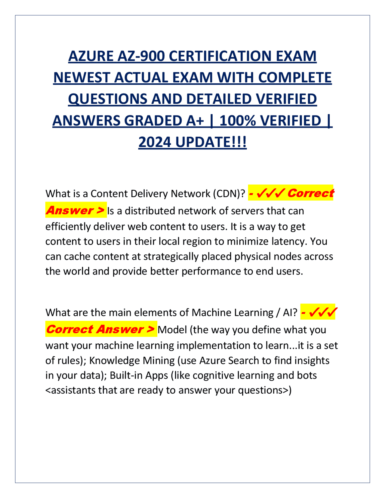 AZURE AZ-900 CERTIFICATION EXAM NEWEST ACTUAL EXAM WITH COMPLETE ...