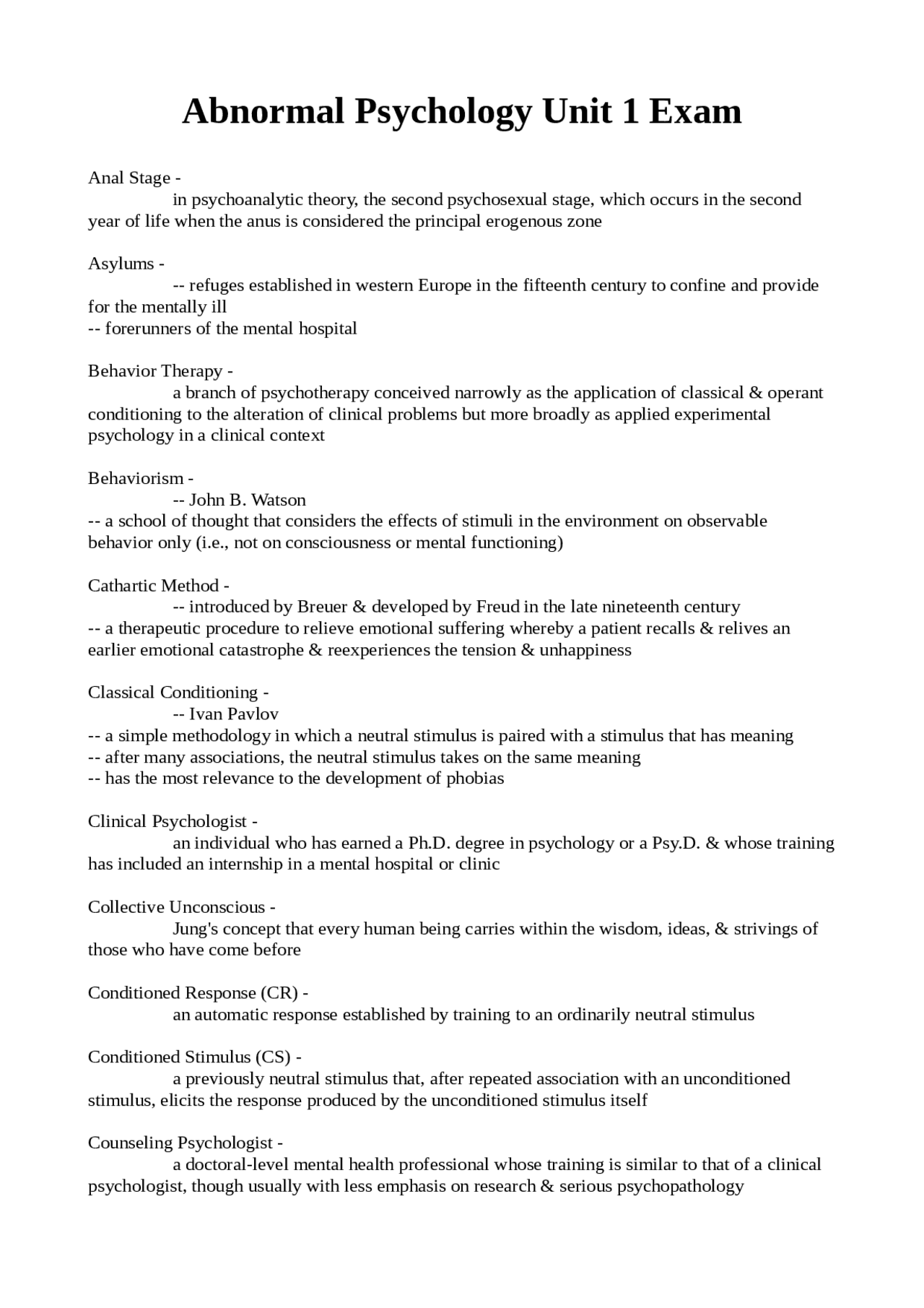 Abnormal Psychology Unit 1 Exam: Key Concepts and Definitions | Exams ...