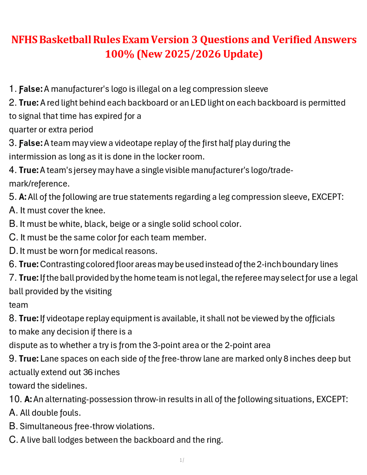 NFHS Basketball Rules Exam Version 3 Questions and Verified Answers 100 ...